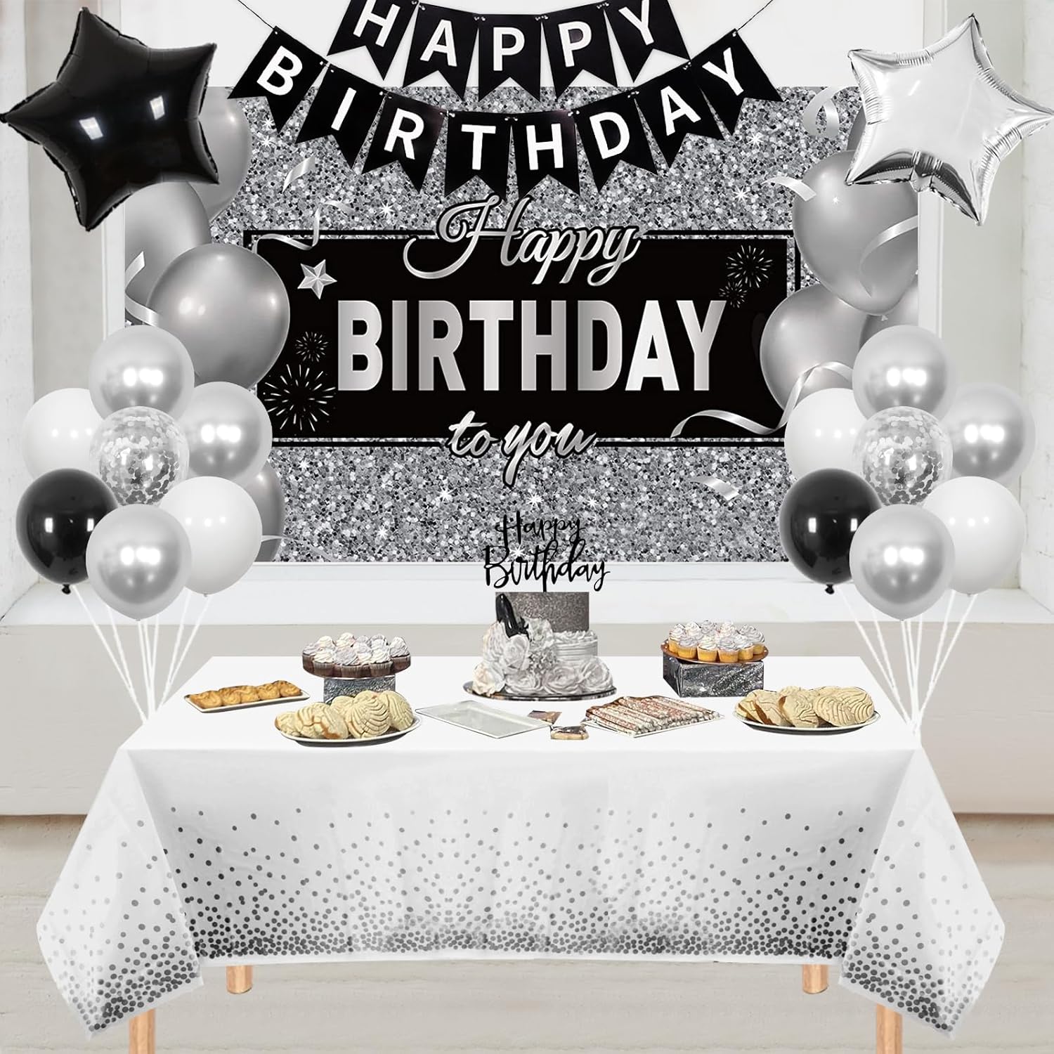 Amazon.com: Black White Silver Birthday Decorations - Happy Birthday ...