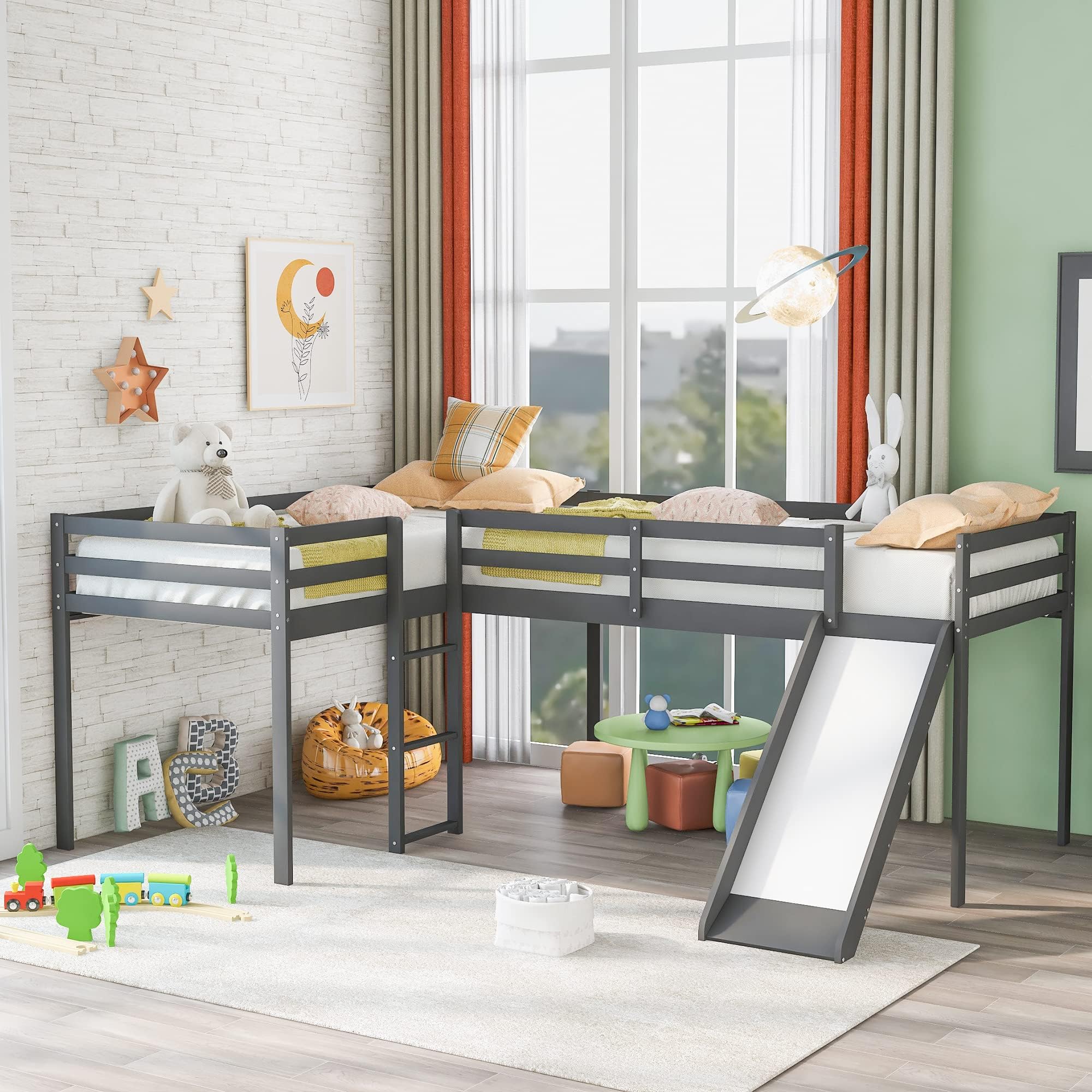 Amazon.com: Merax Wood Twin Size L-Shaped Loft Bed with Ladder and 2 ...