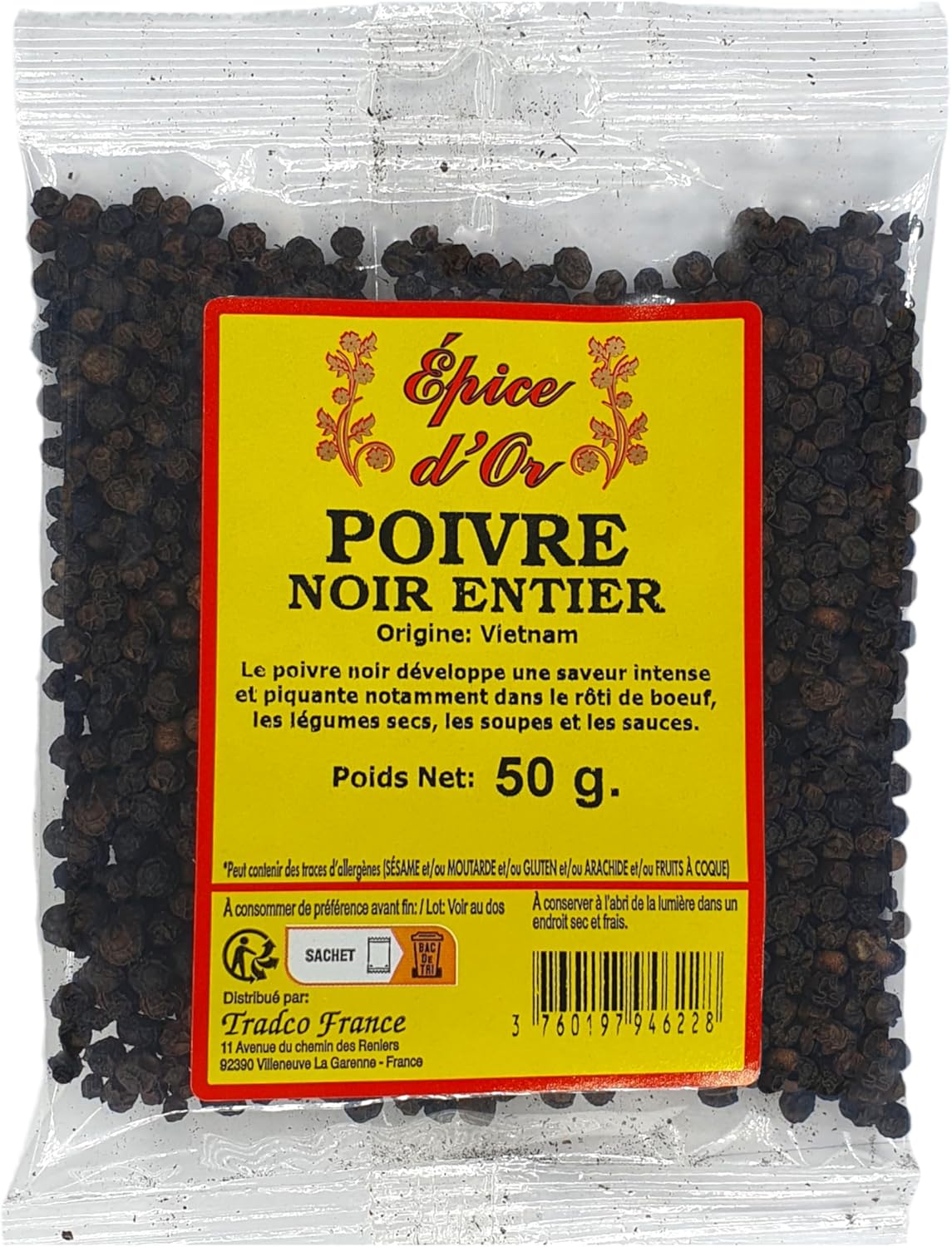 Poivre Noir En Grain 50g - Epice d'Or, 100% Naturel, En Grain, Végan ...