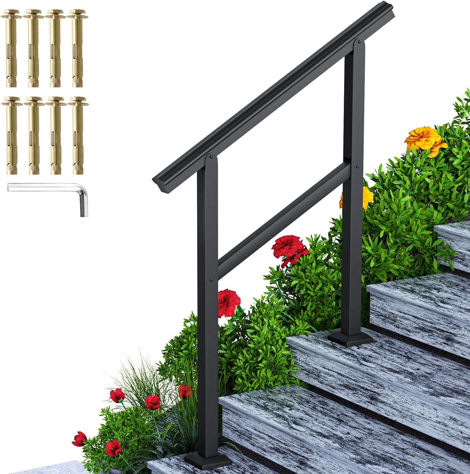 VEVOR Outdoor Stair Railing, Fit 2 or 3 Steps Alloy Metal Handrailing ...