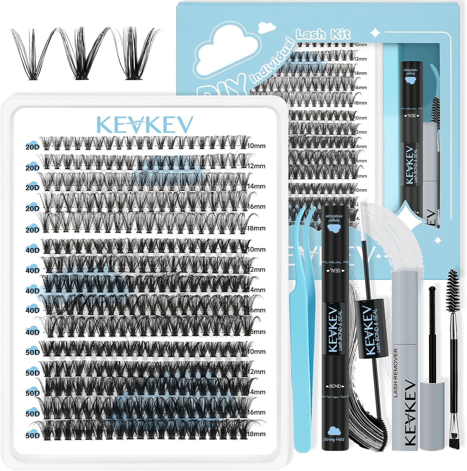 KevKev Lash Extension Kit - 300pcs Individual Lashes & Clusters - DIY ...