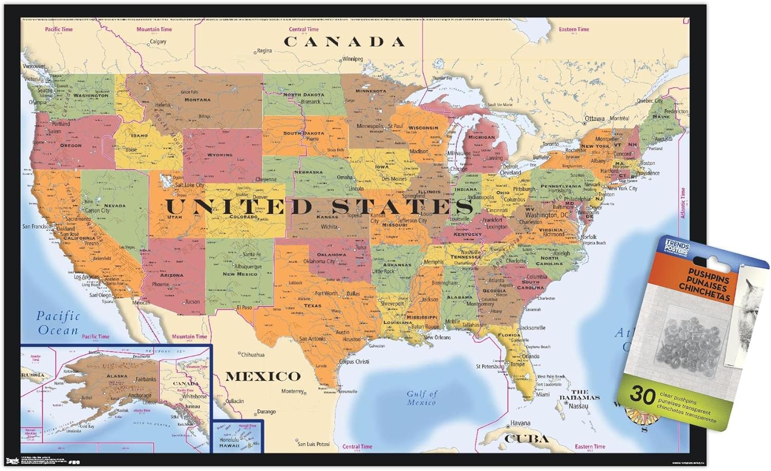 Amazon.com: Map - USA Time Zones Wall Poster with Push Pins : Office ...
