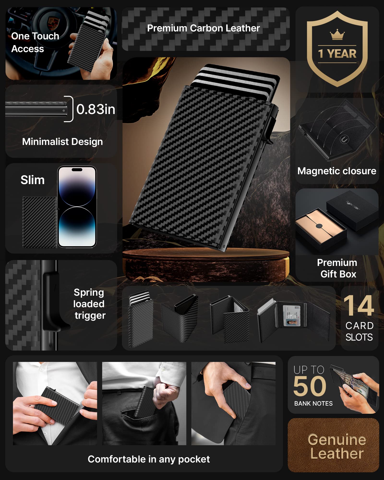 typecase Mens Wallet Card Holder: Pop Up Aluminum Case, Carbon Fiber ...