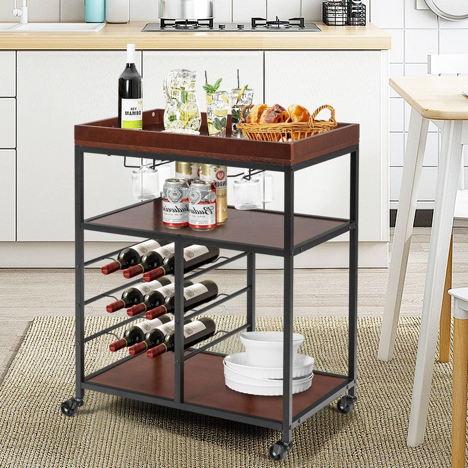 TANGZON 3-Tier Kitchen Serving Trolley, Rolling Bar Cart with Wine Rack ...
