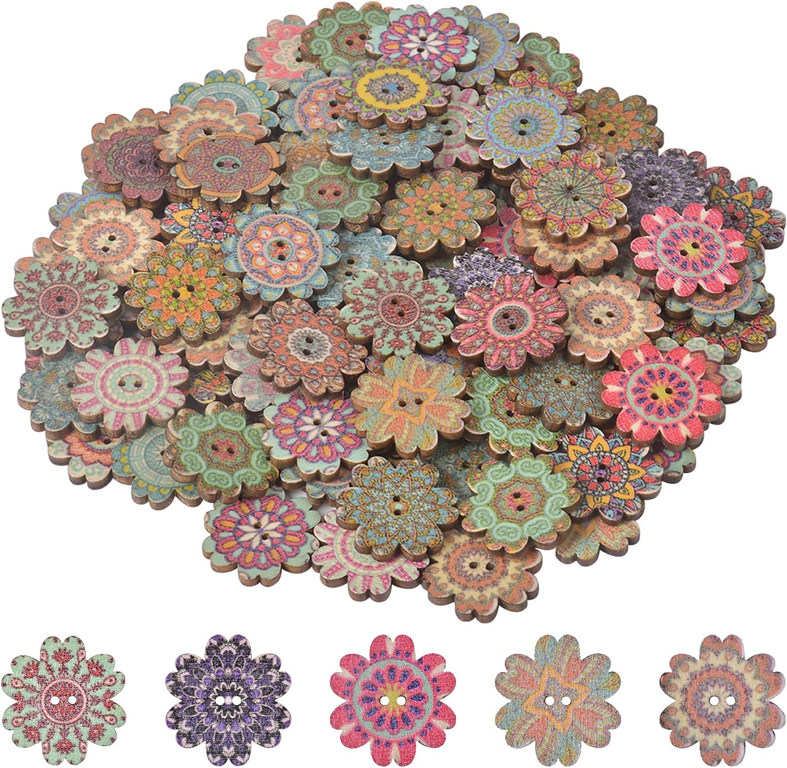 100PCS Wood Buttons, Flower Painting 2 Holes Decorative Vintage Wood ...