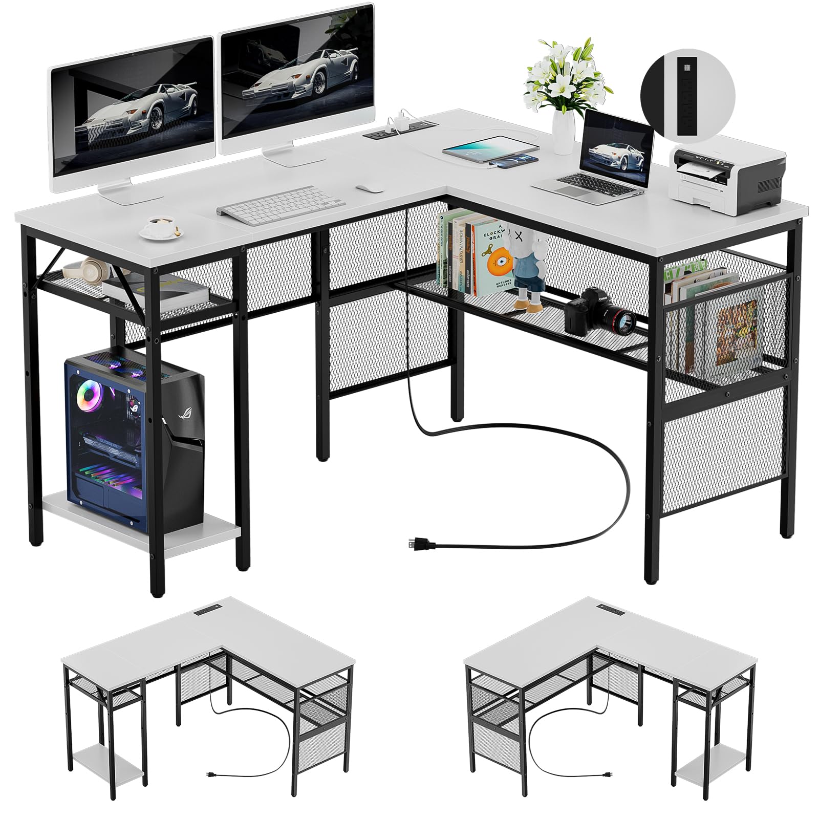 Amazon.com: Hyomdeck Reversible L Shaped Computer Desk Power Outlets ...