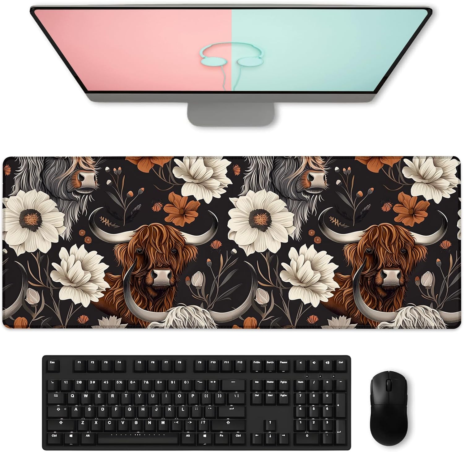 Amazon.com: Rustic Highland Cow & Floral Gaming Mouse Pad, Large Cows ...