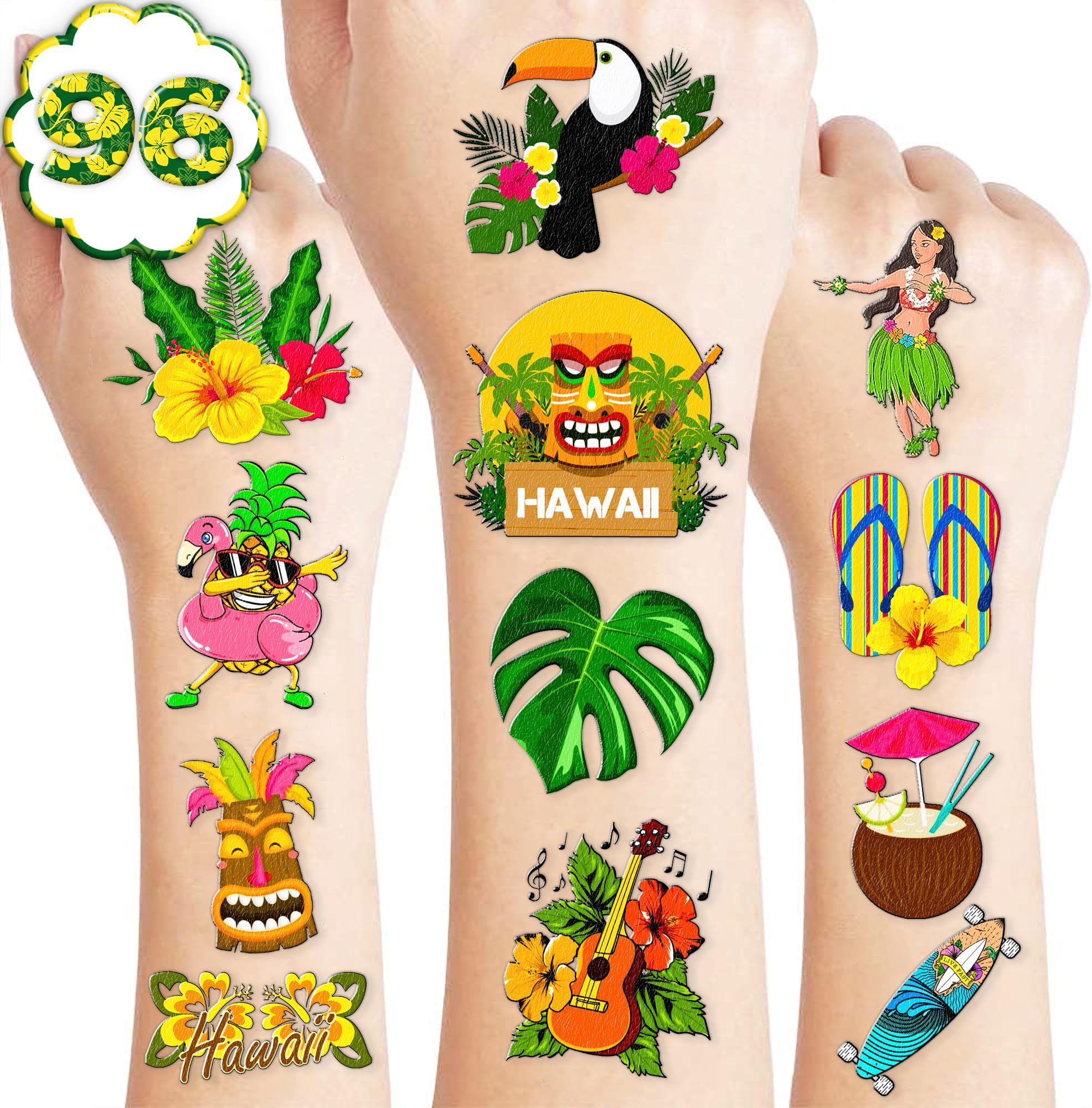 Amazon.com : 96 PCS Hawaiian Pre-Cut Tattoos Birthday Party Decorations ...