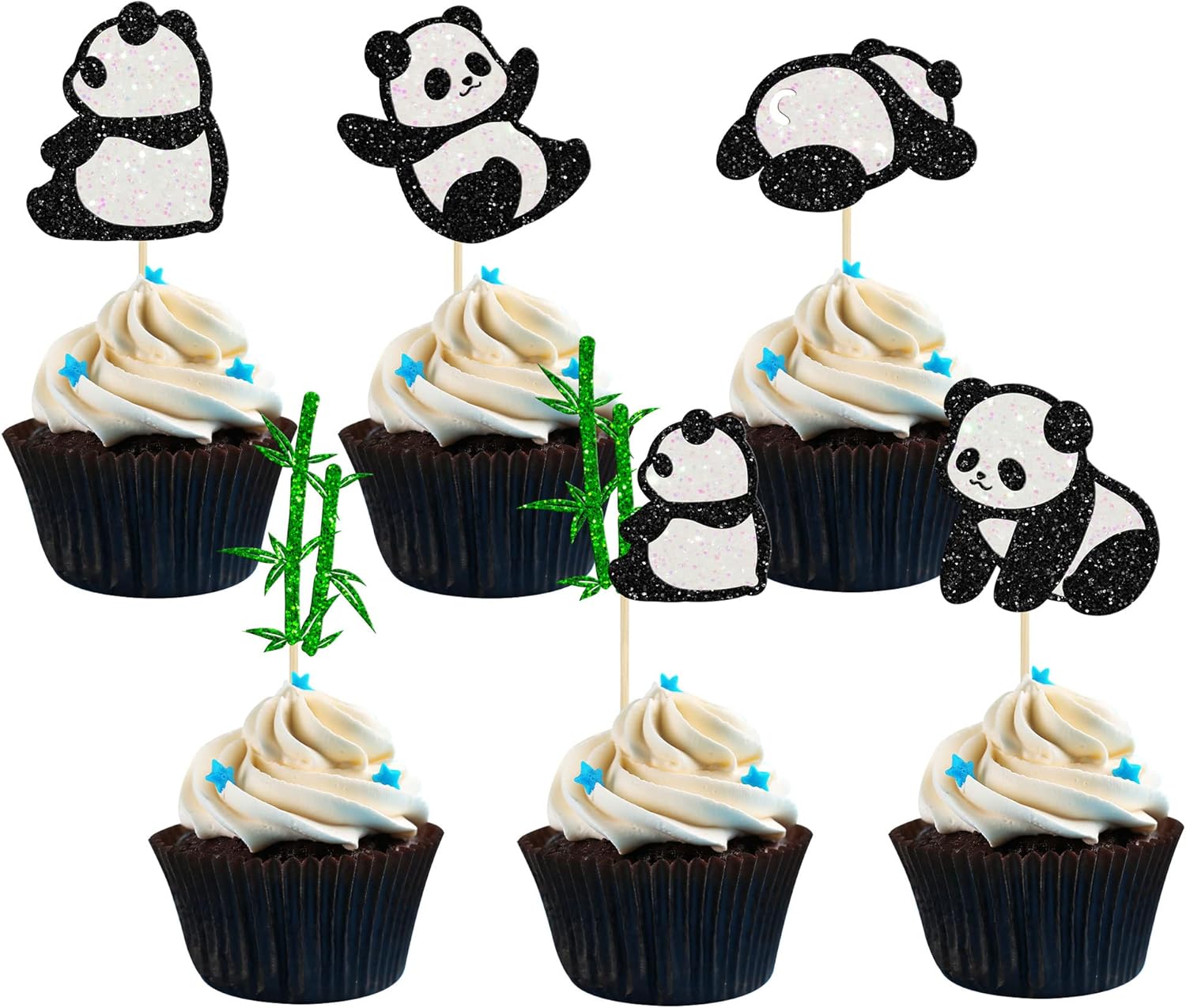 Amazon.com: 24Pcs Panda Cupcake Toppers Glitter Green Bamboo Cupcake ...