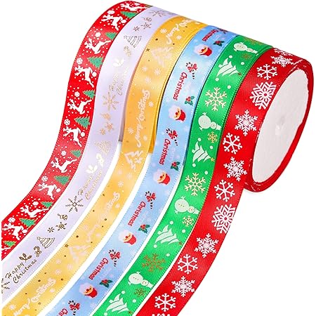 6 Roll Christmas Ribbon, HCSSZ Xmas Satin Ribbon Roll, 6 Style 1.5cm ...