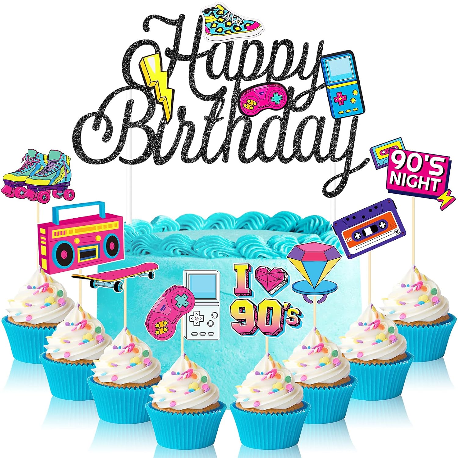 Amazon.com: Tenare 41 Pieces 90's Retro Theme Cupcake Toppers 90's ...