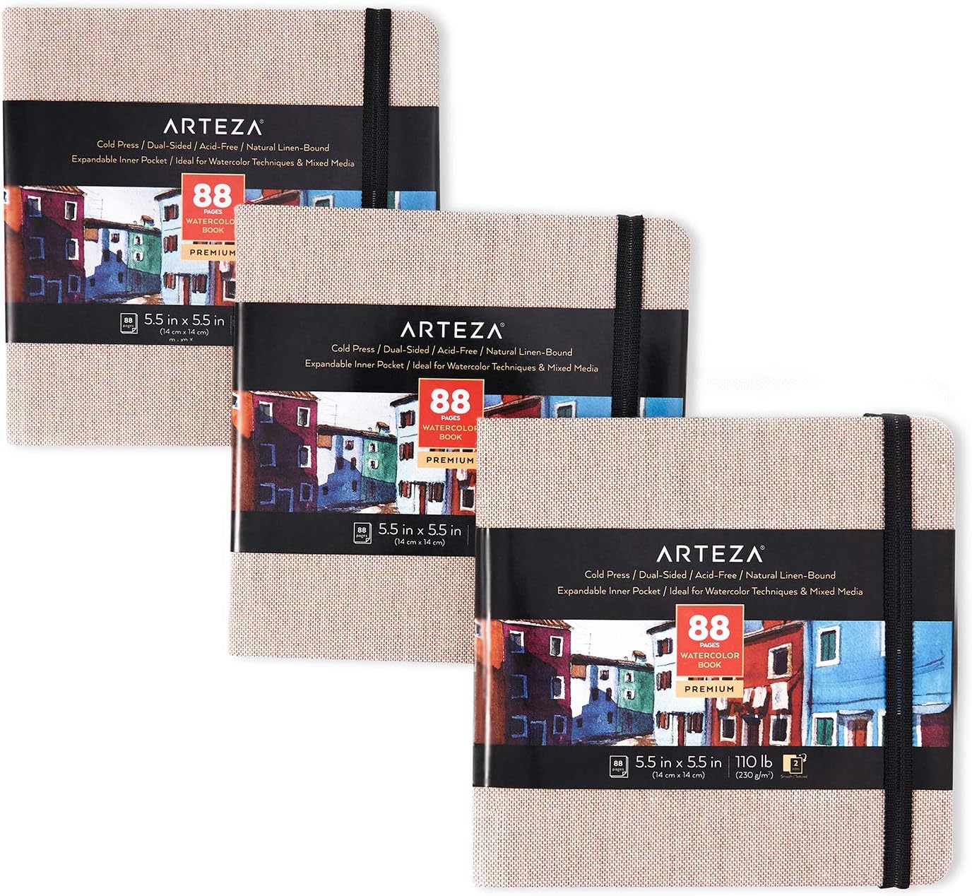 Arteza Watercolor Sketchbooks, 5.5x5.5-inch, 3-Pack, 132 Sheets, Beige Art Journal, Hardcover ...