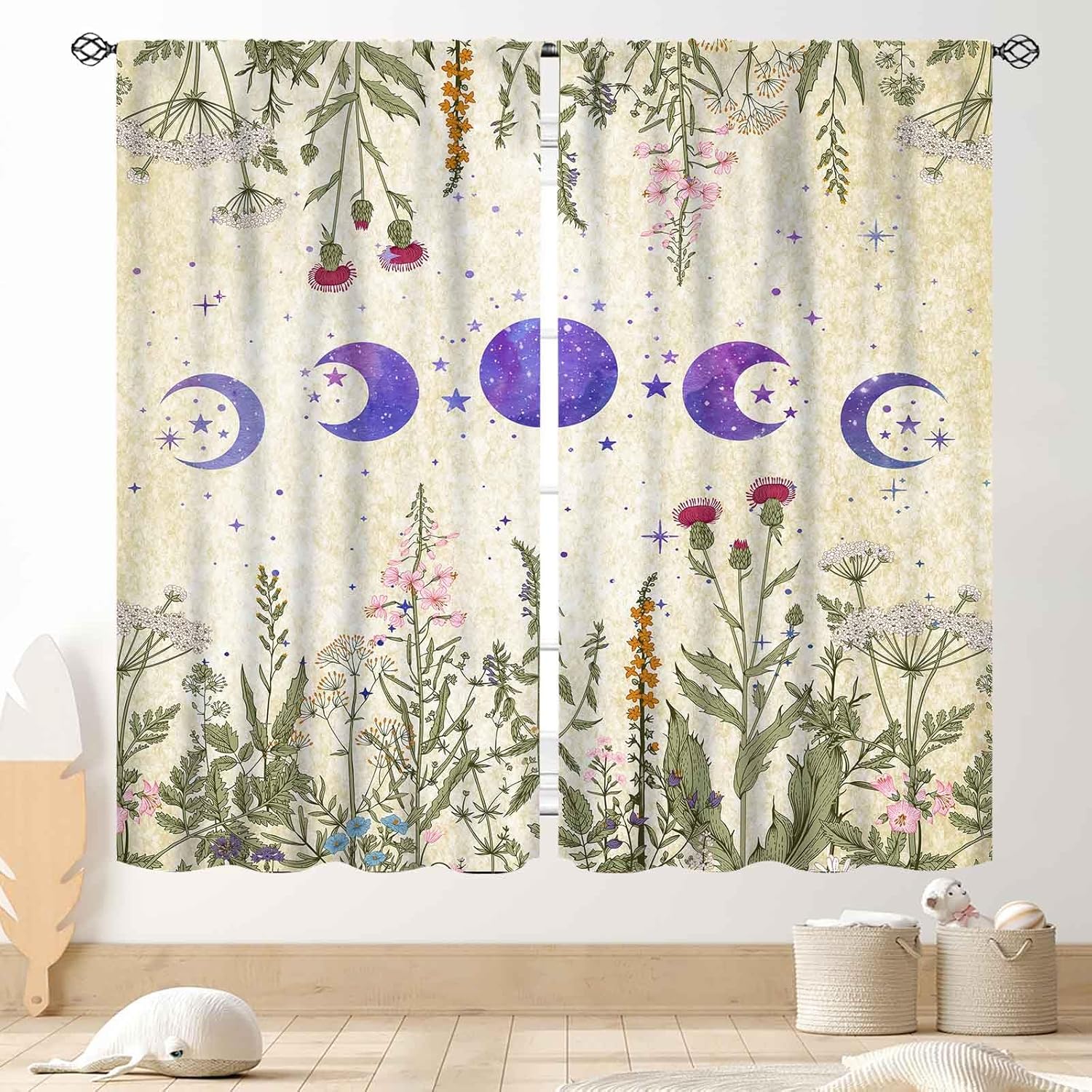 Amazon.com: Wild Floral Moon Curtains, Boho Vintage Moon Phase ...