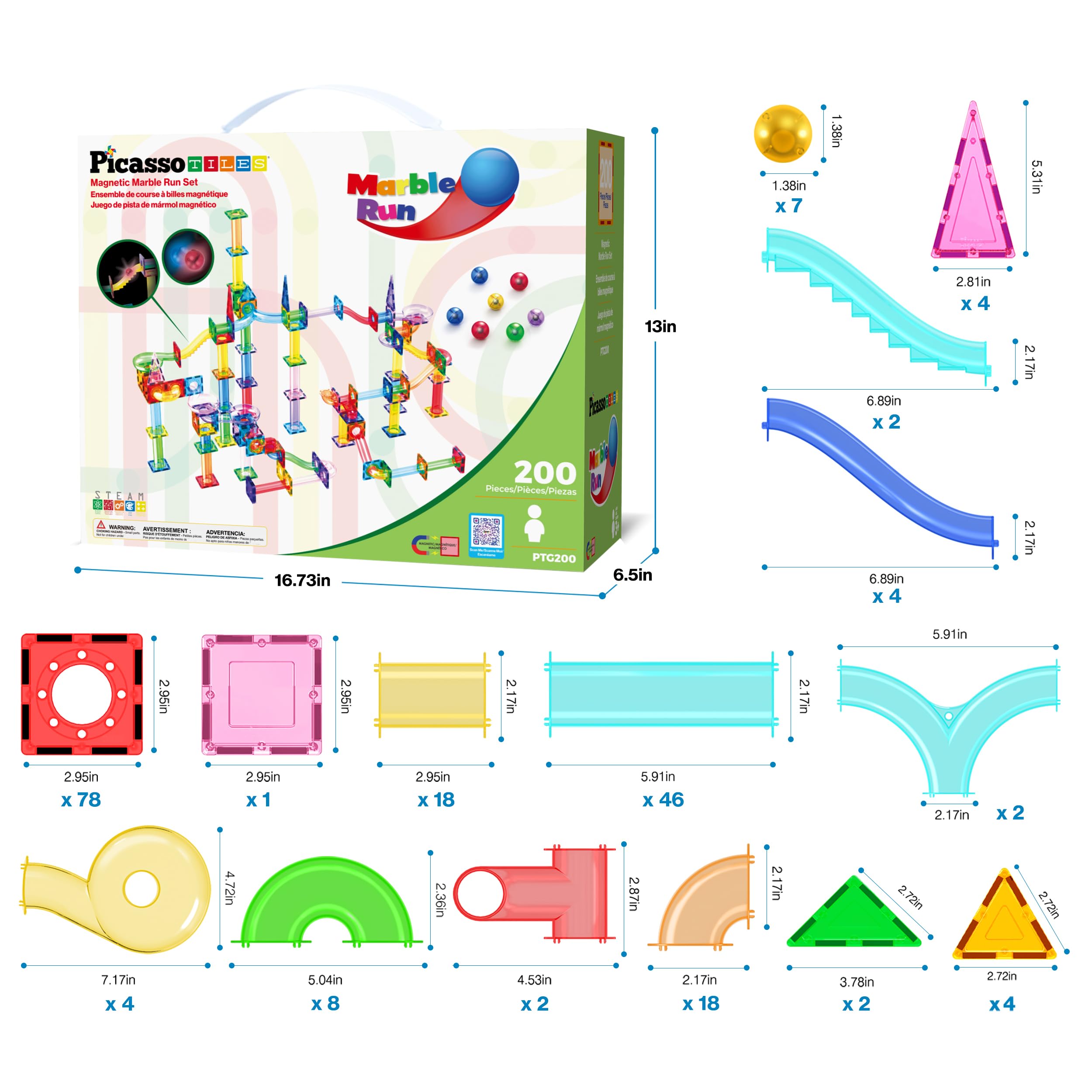 Snapklik.com : PicassoTiles 200pc Magnetic Marble Run Tiles Toy STEM ...