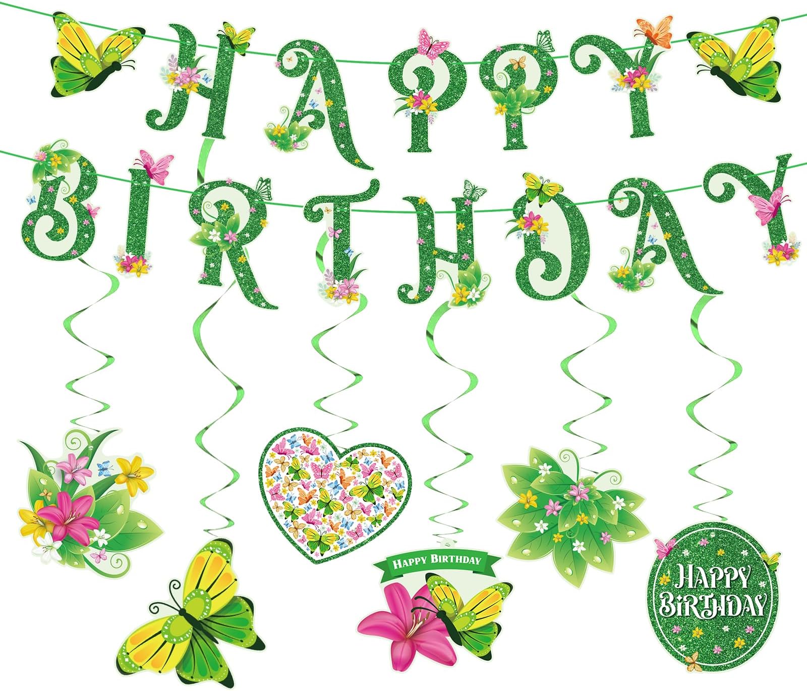 Amazon.com: JUYRLE Spring Happy Birthday Banner- Green Spring Flowers ...