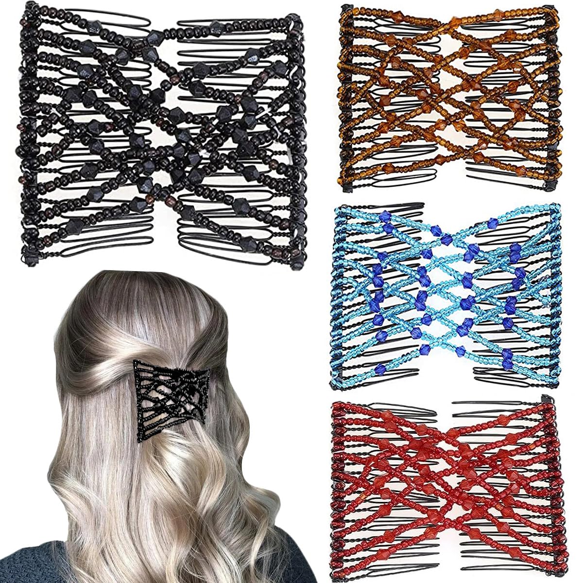 Amazon.com: 4 Pieces Elastic Magic Hair Comb Clips Stretchy Double Comb ...