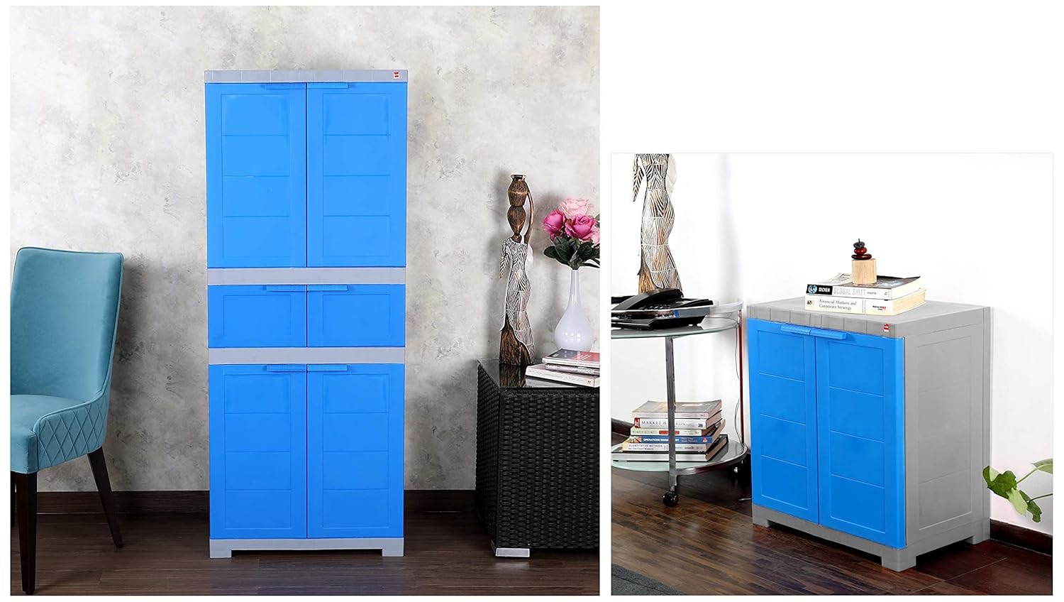 Cello Novelty Triplex Plastic 2 Door Cupboard with 4 Shelves(Blue and ...
