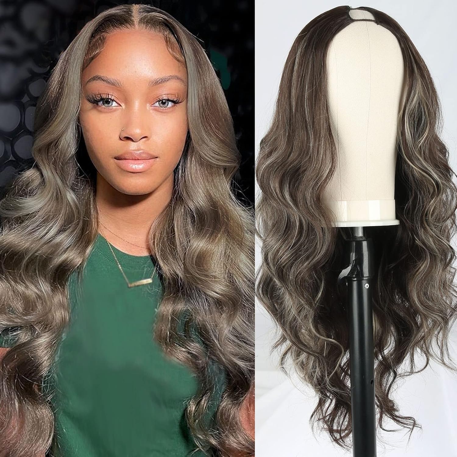 Amazon.com: SCENTW V Part Wig Body Wave Brown Highlight Wig Synthetic ...