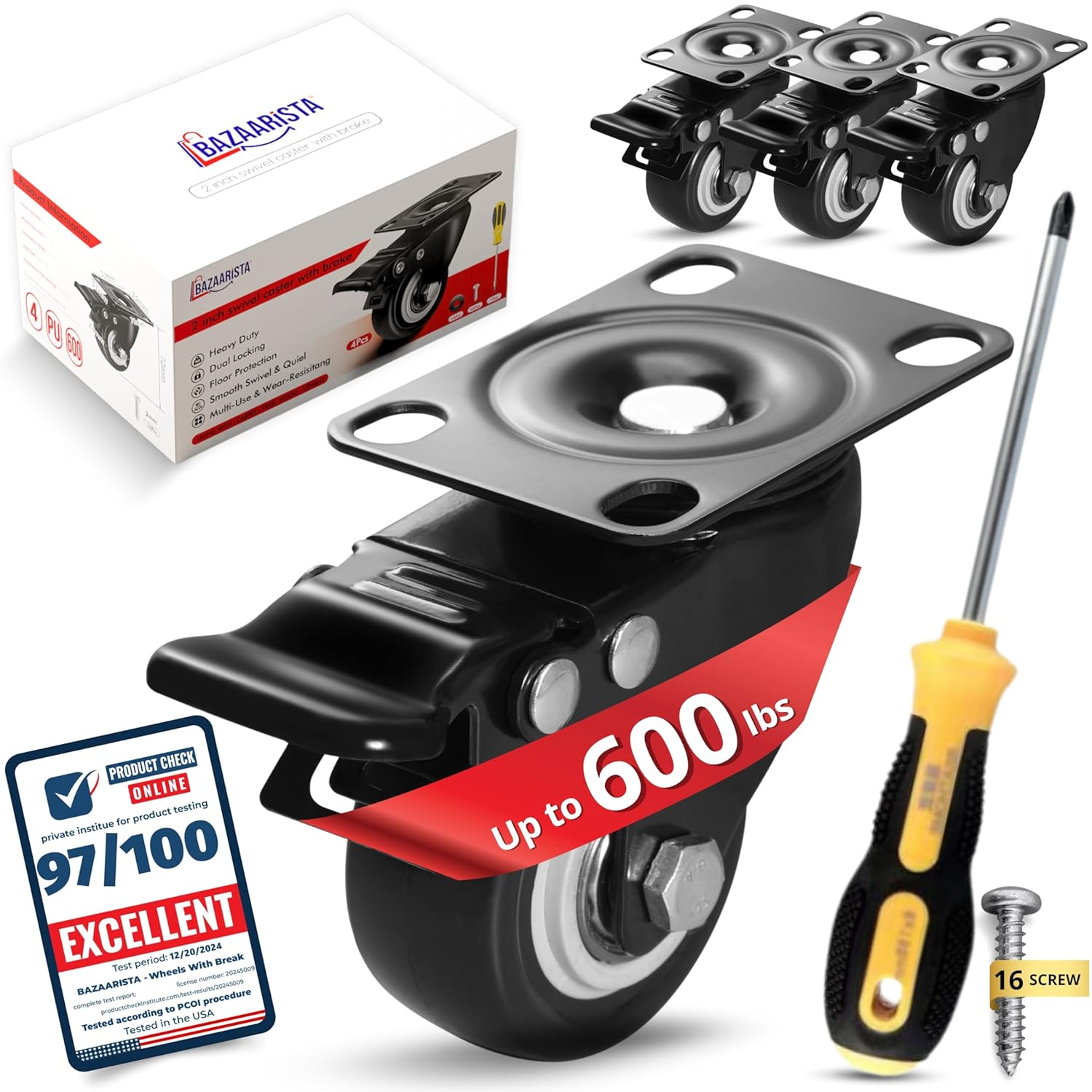 Premium 2" Caster Wheels Set of 4 Brake with Screwdriver Heavy Duty ...