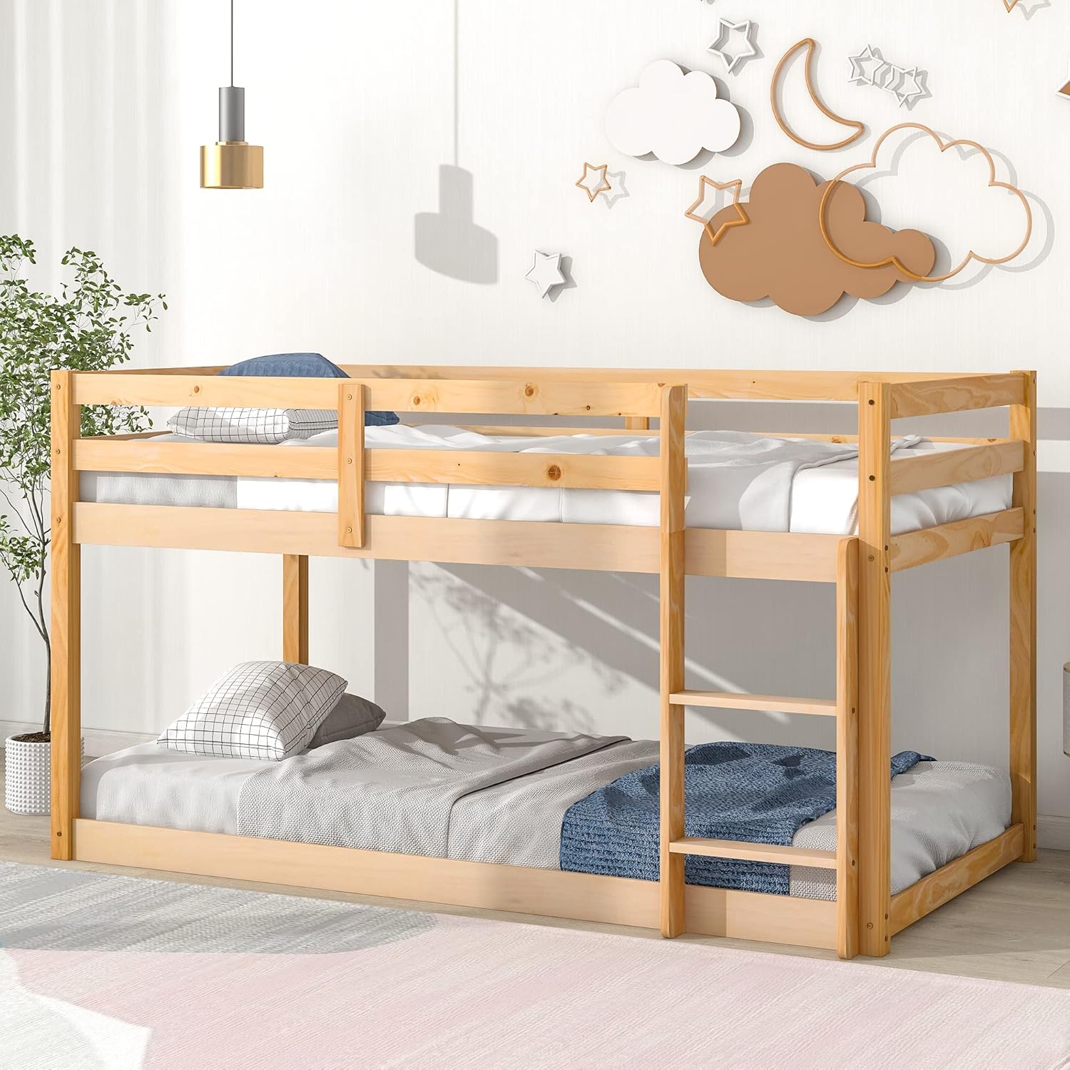 Amazon.com: HABUHOME Twin Low Bunk Bed, Solid Wood Twin Over Twin Bunk ...