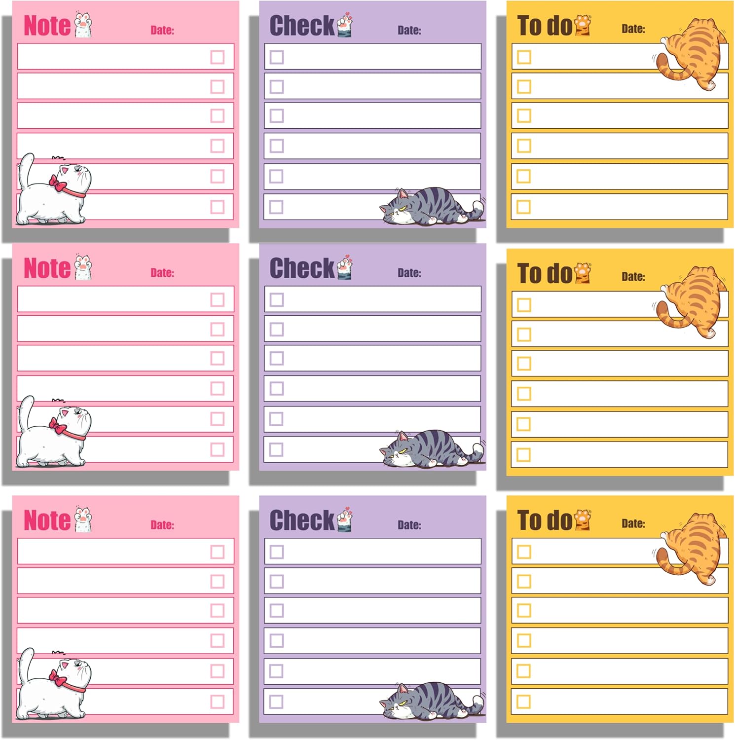 Amazon.com : 9 Pads Funny Cat To-Do List Lined Sticky Notes Set 3x3 in ...