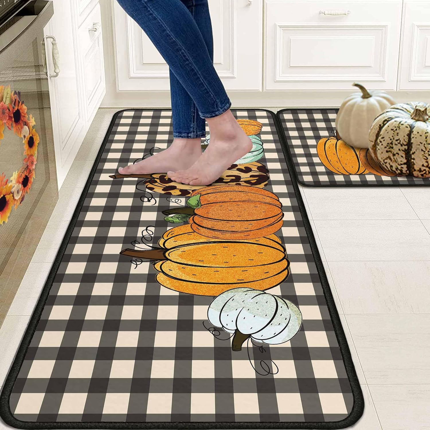 Amazon.com: Buffalo Plaid Fall Pumpkin Decorative Kitchen Rugs Set of 2 ...
