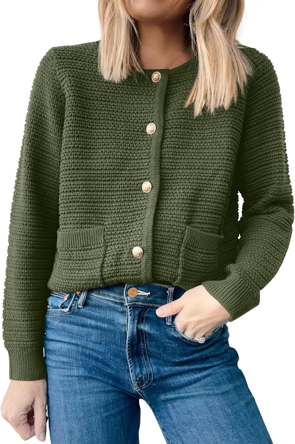ANRABESS Women's Tweed Knit Cardigan Sweater Casual Long Sleeve Cropped ...