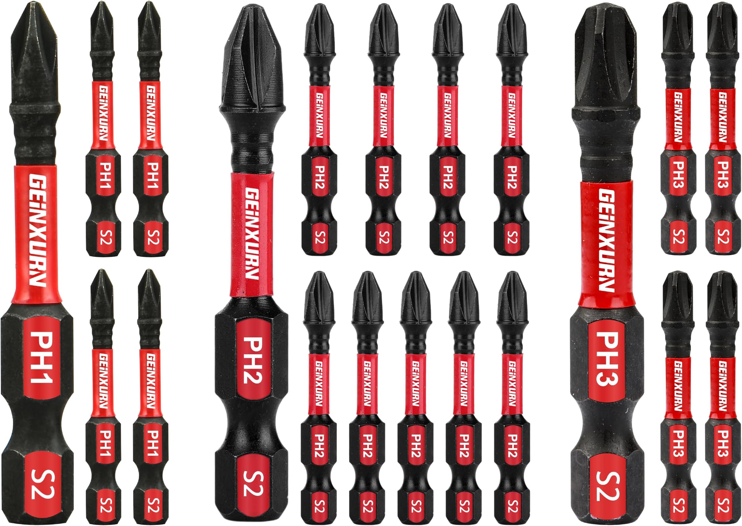 Geinxurn Anti-Slip Hex PH1/PH2/PH3 Insert Driver Bits 20 Pack 2 in. Impact Tough Magnetic ...