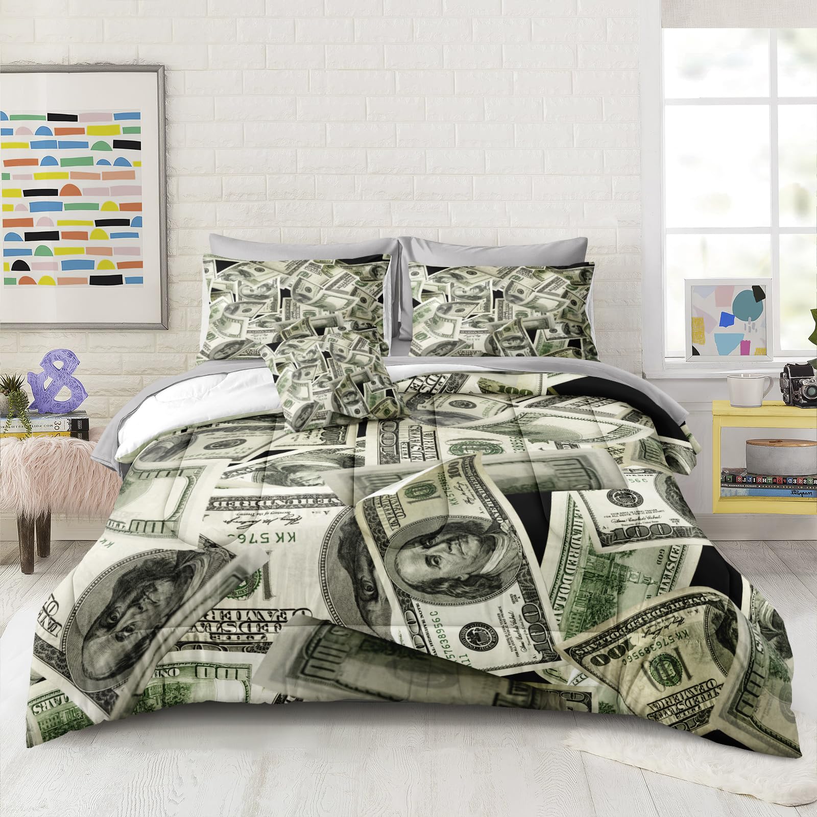 Amazon.com: Merryword 8 Pieces Bed in a Bag Money Comforter Set Full ...