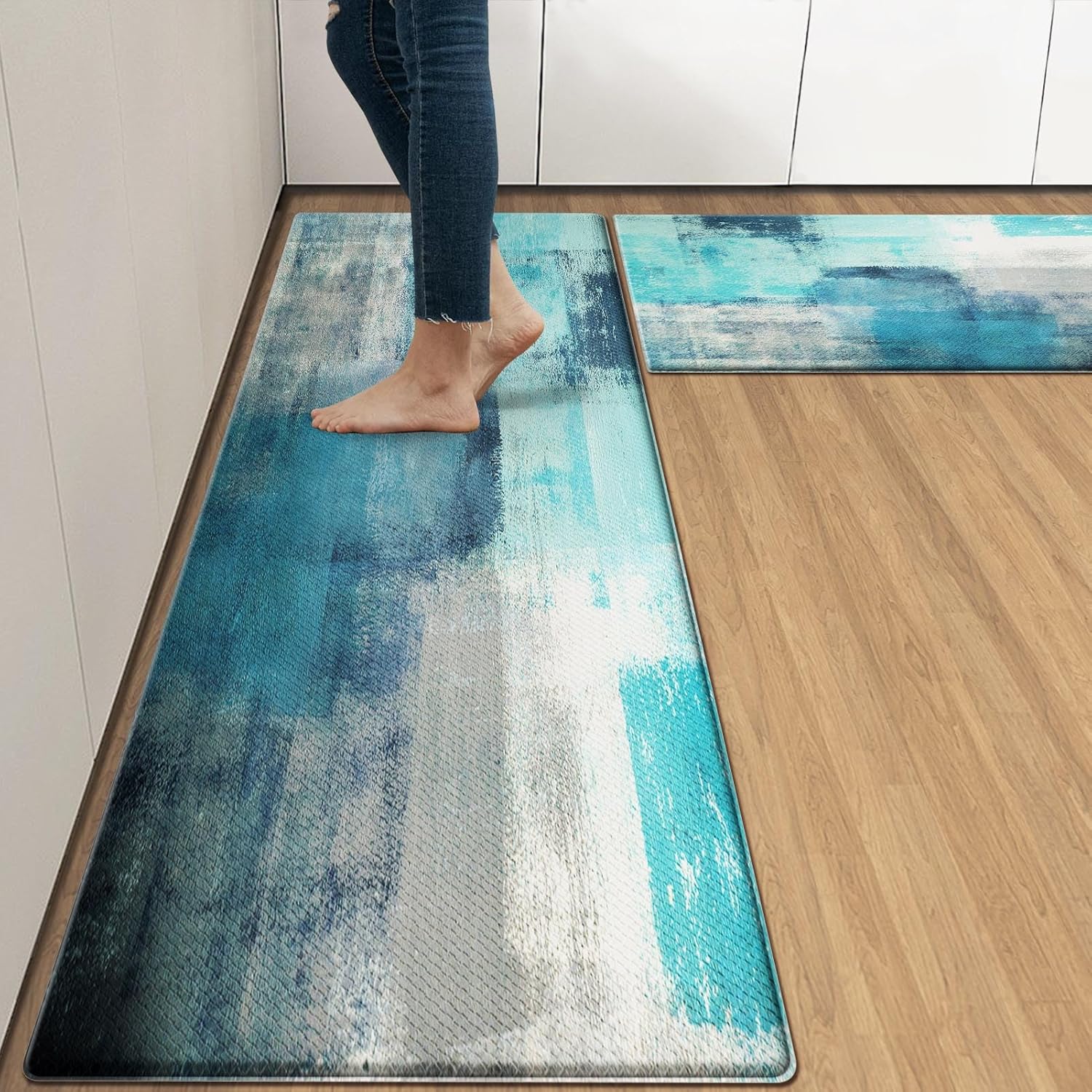 Amazon.com: Anti-Fatigue Kitchen Rug Set of 2 Teal Grey Abstract ...