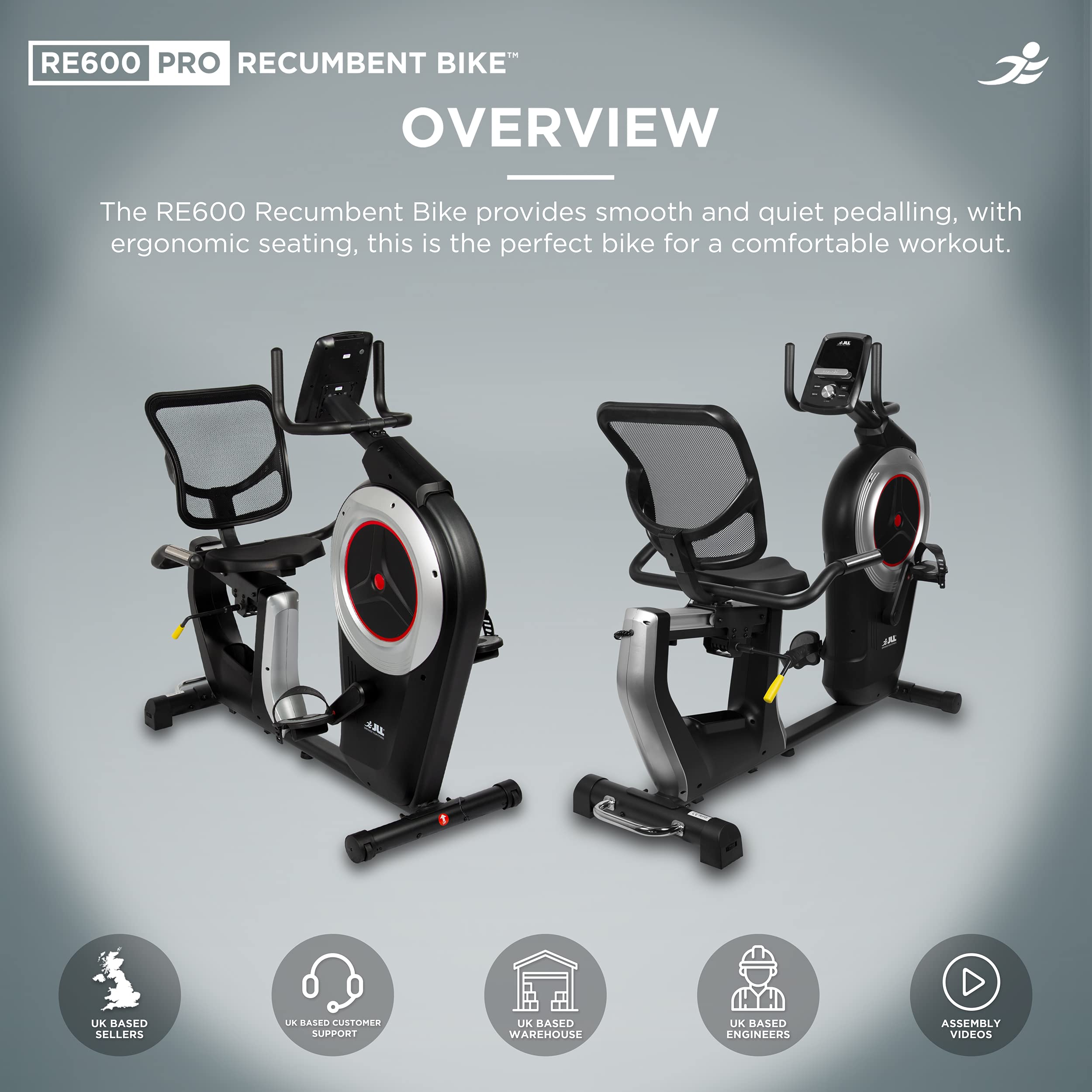 JLL RE600 Pro Recumbent Exercise Bike, 6kg One-Way Flywheel, Electronic ...