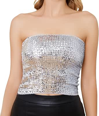 JASGOOD Sparkly Sequin Crop Tops for Women Metallic Tube Tops Strapless ...