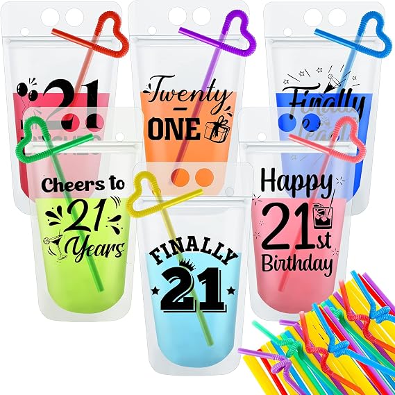 Amazon.com: Hotop 24 Sets 21st Birthday Drink Pouches with Straws for ...