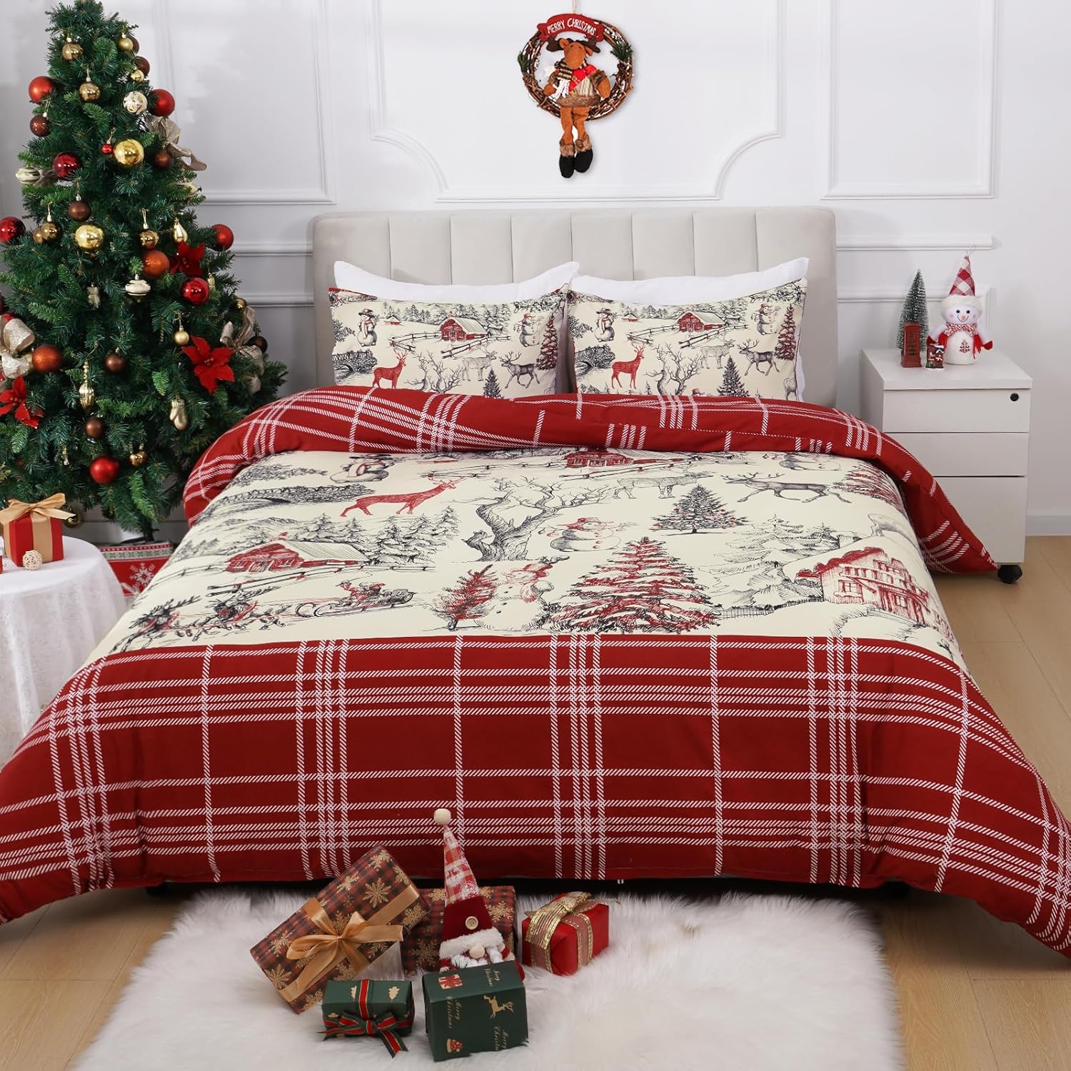 FRAMICS 3 Piece Christmas Duvet Cover King Set - Soft Double Brushed Retro Christmas Country ...
