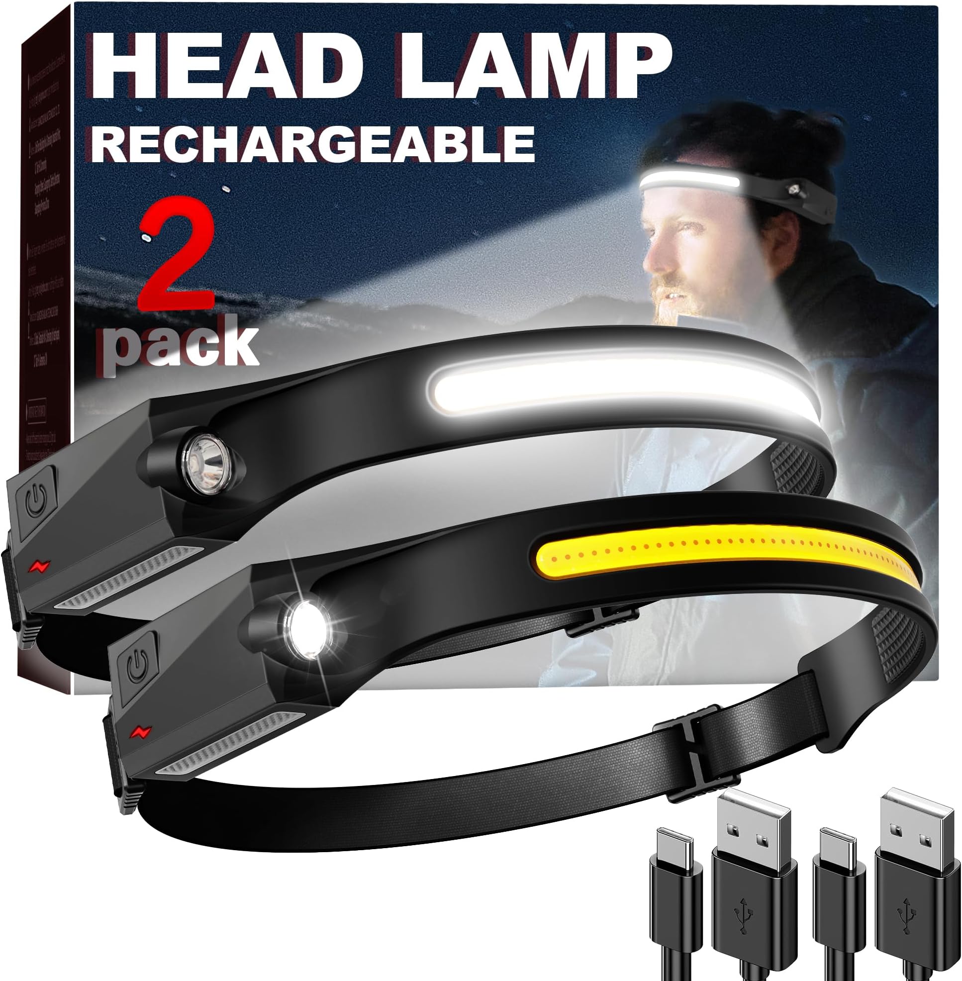 Eslnf Rechargeable LED Headlamp Orange 6 Modes Headlamps with Motion ...