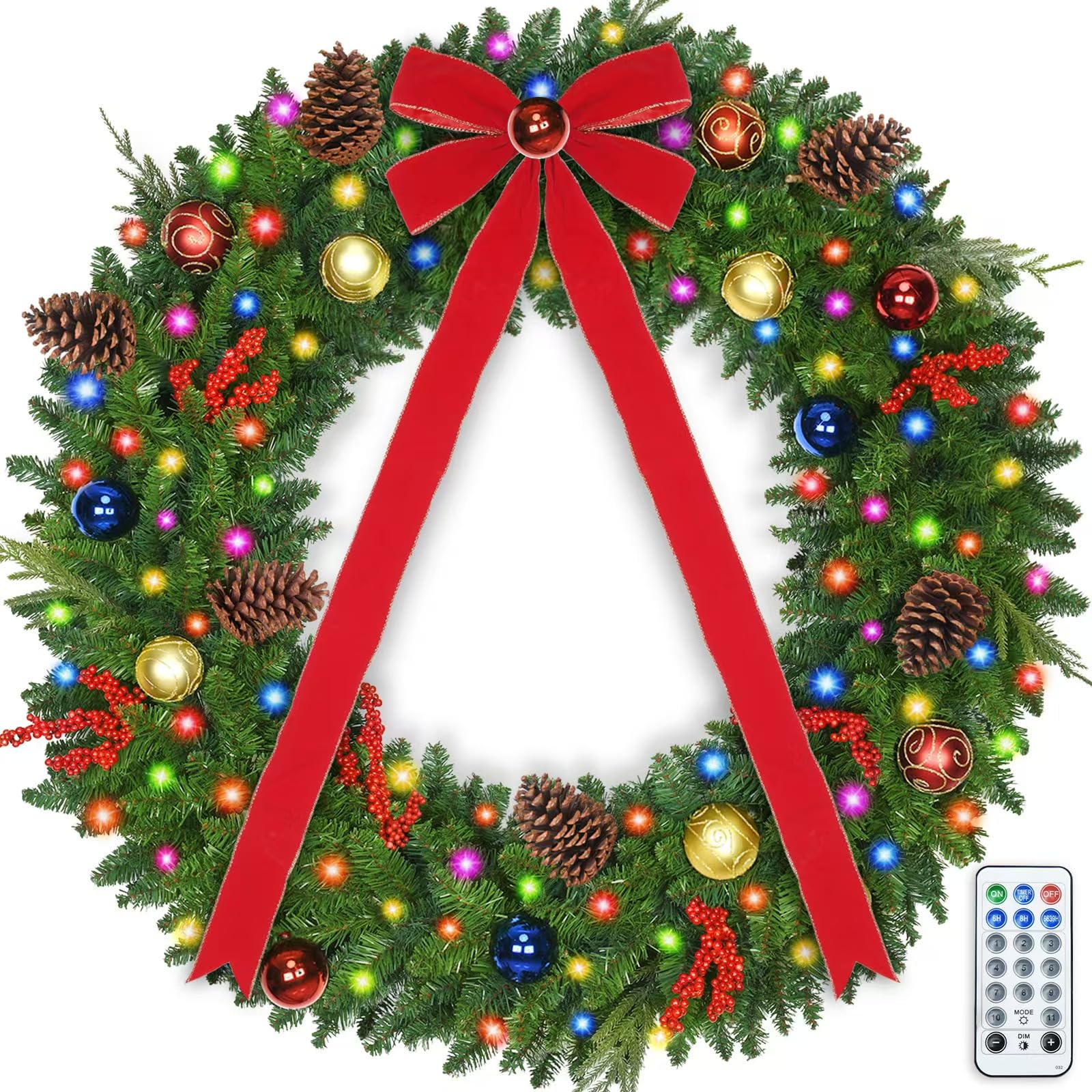 Amazon.com: 48 Inch Pre-Lit Christmas Wreath with Red Bow, Ornament ...