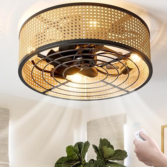 luansky 20" Rattan Boho Ceiling Fan with Light, Enclosed Caged Ceiling ...
