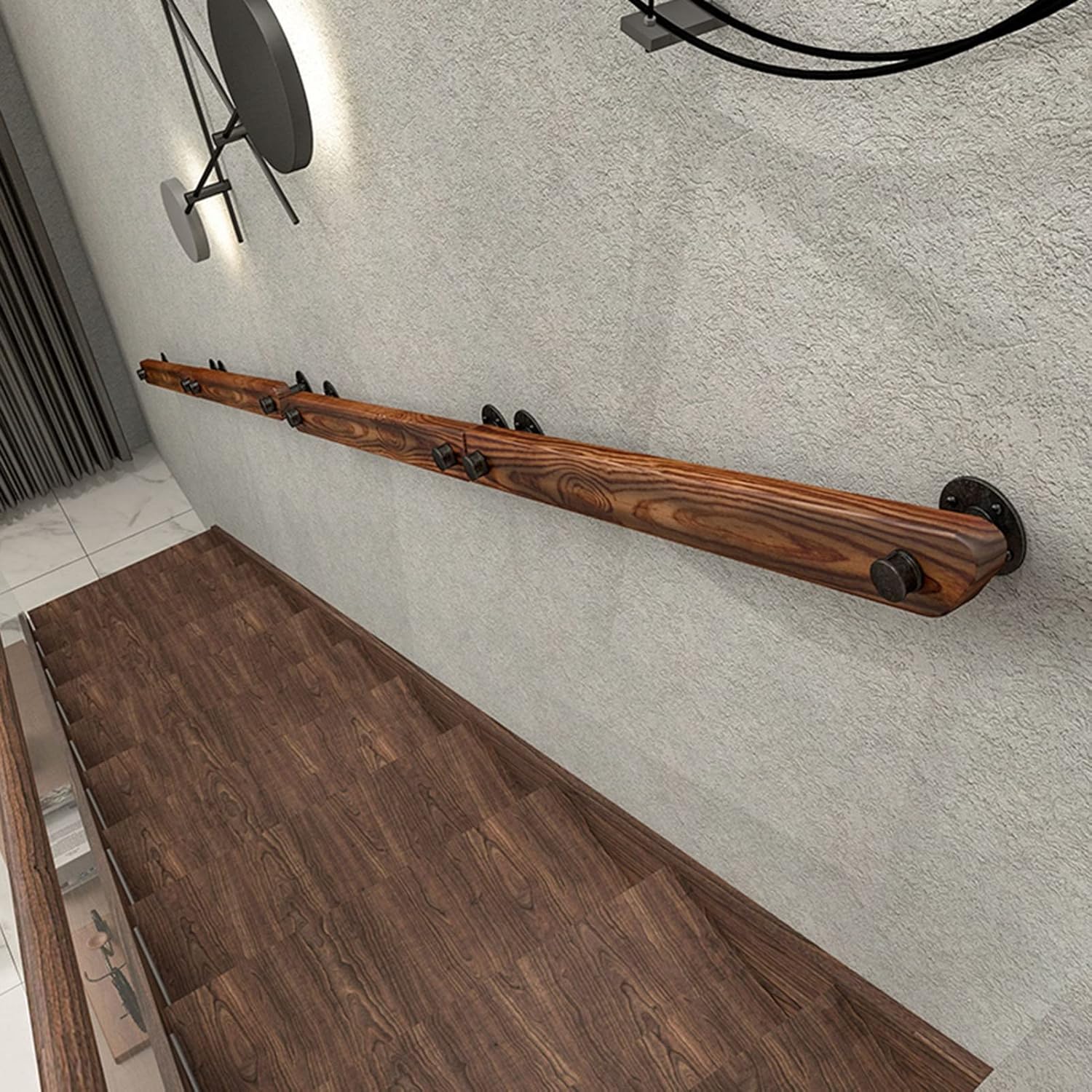 Industrial Rustic Wooden Handrail Kit (1ft 20ft) Non Slip Professional ...