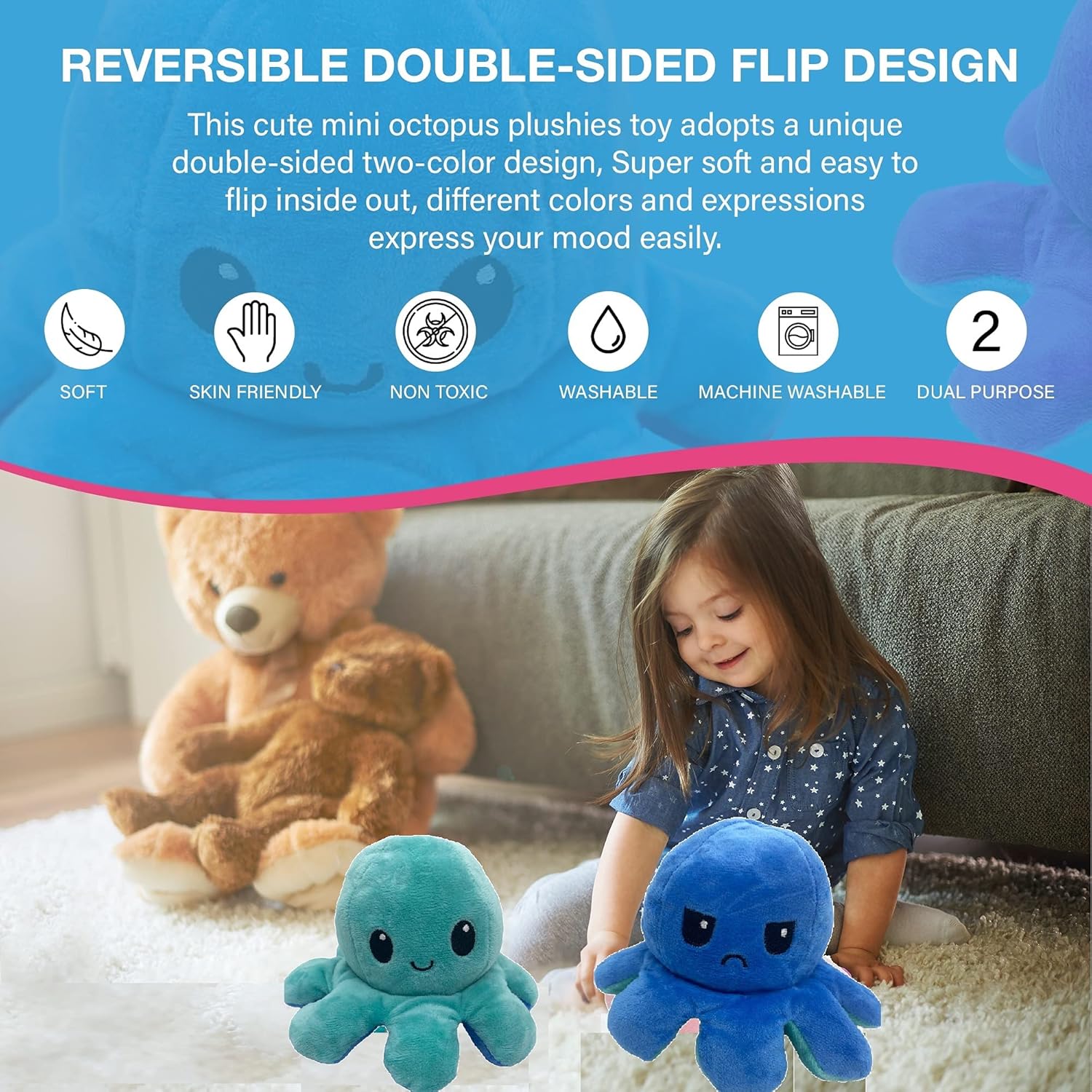 Octopus Reversible Plushie, Double-Sided Flip Reversible Octopus Plush ...