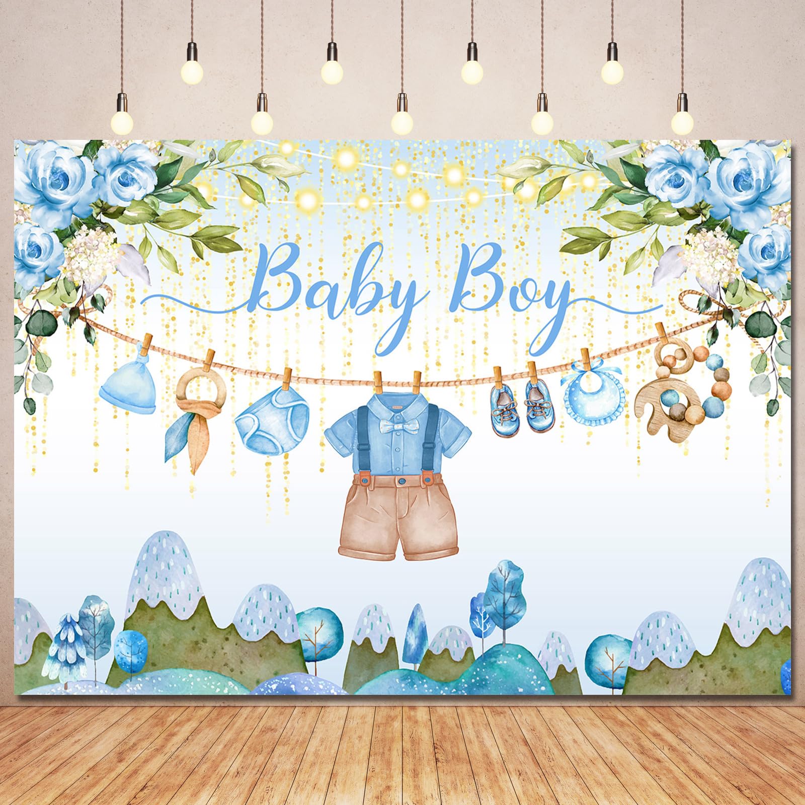 Amazon.com : Ayayiya Blue Floral Baby Shower Backdrop Boy Baby Shower ...