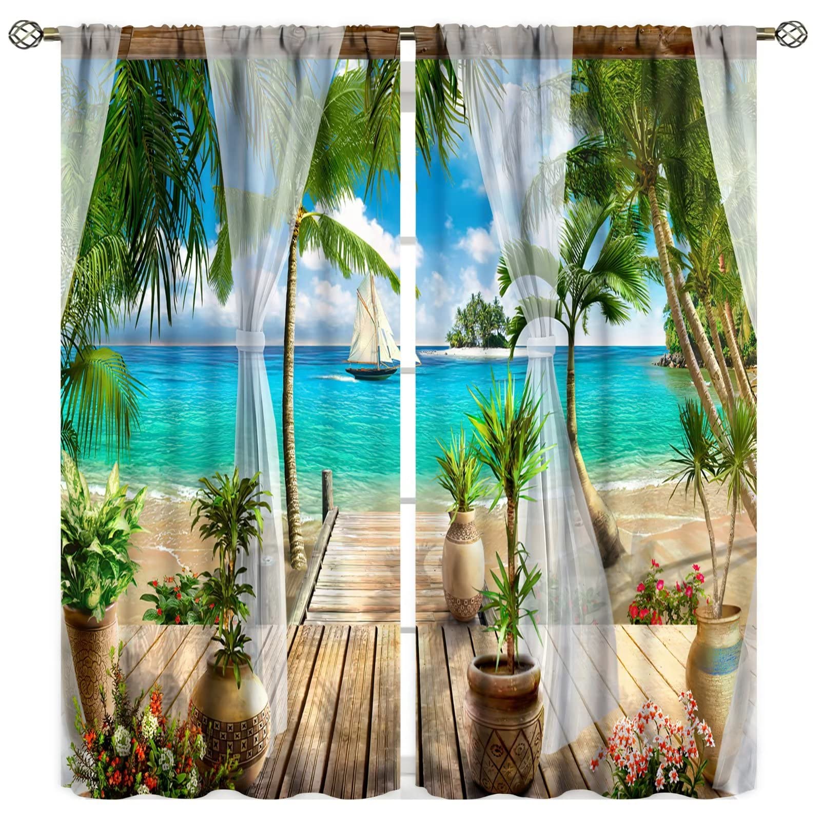 Amazon.com: Beach Window Curtain,Palms Tropical Island Summer Vacation ...