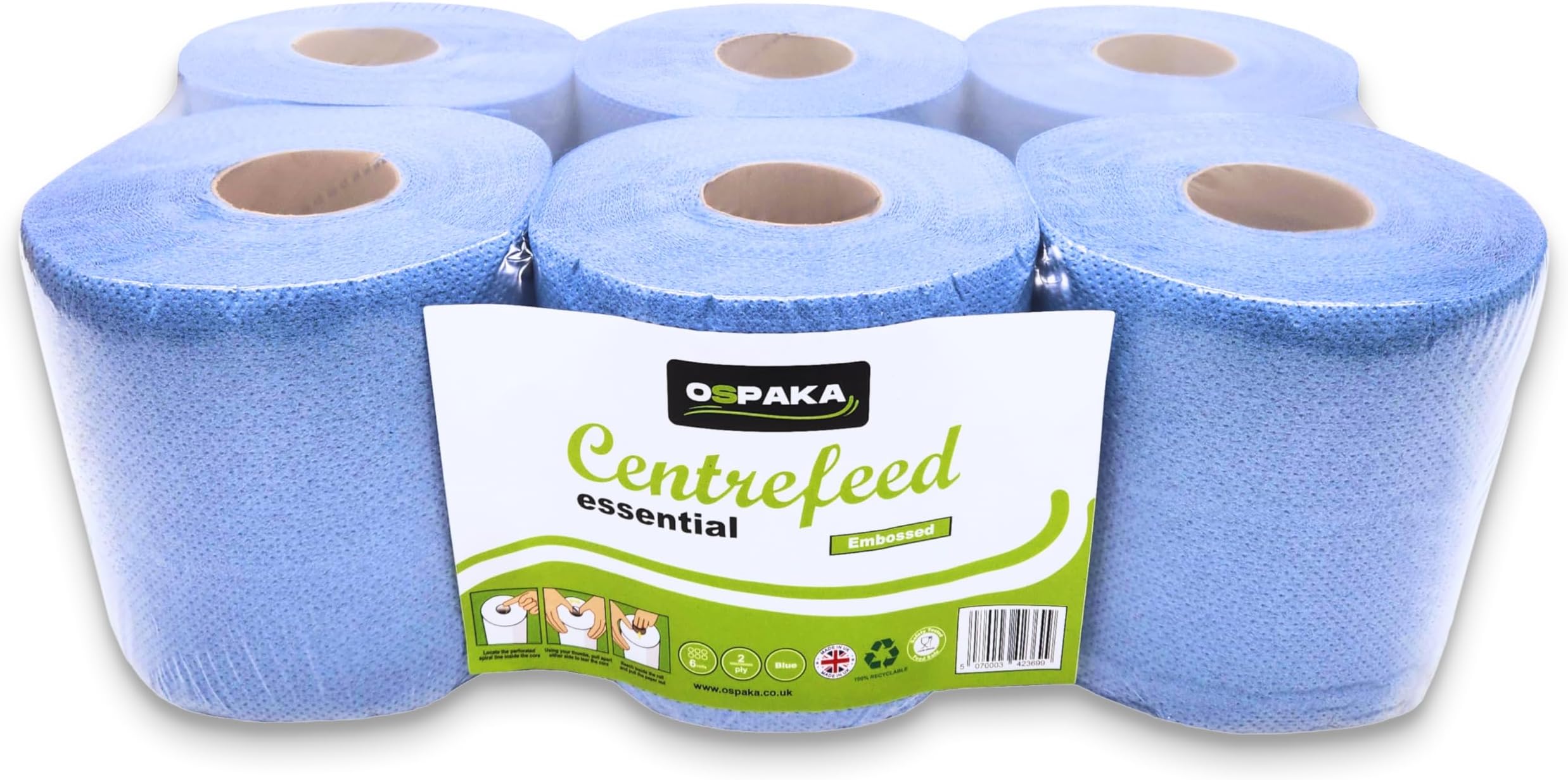 OSPAKA Blue Roll 6 Pack Embossed Centrefeed Blue Rolls 2 Ply Recycled ...