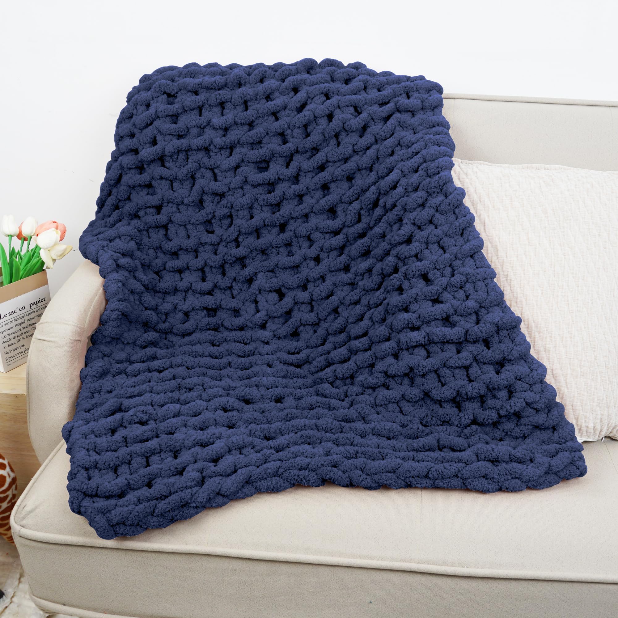 Amazon.com: Mooreeke Chunky Knit Blanket 30"x40" Navy Blue Soft ...