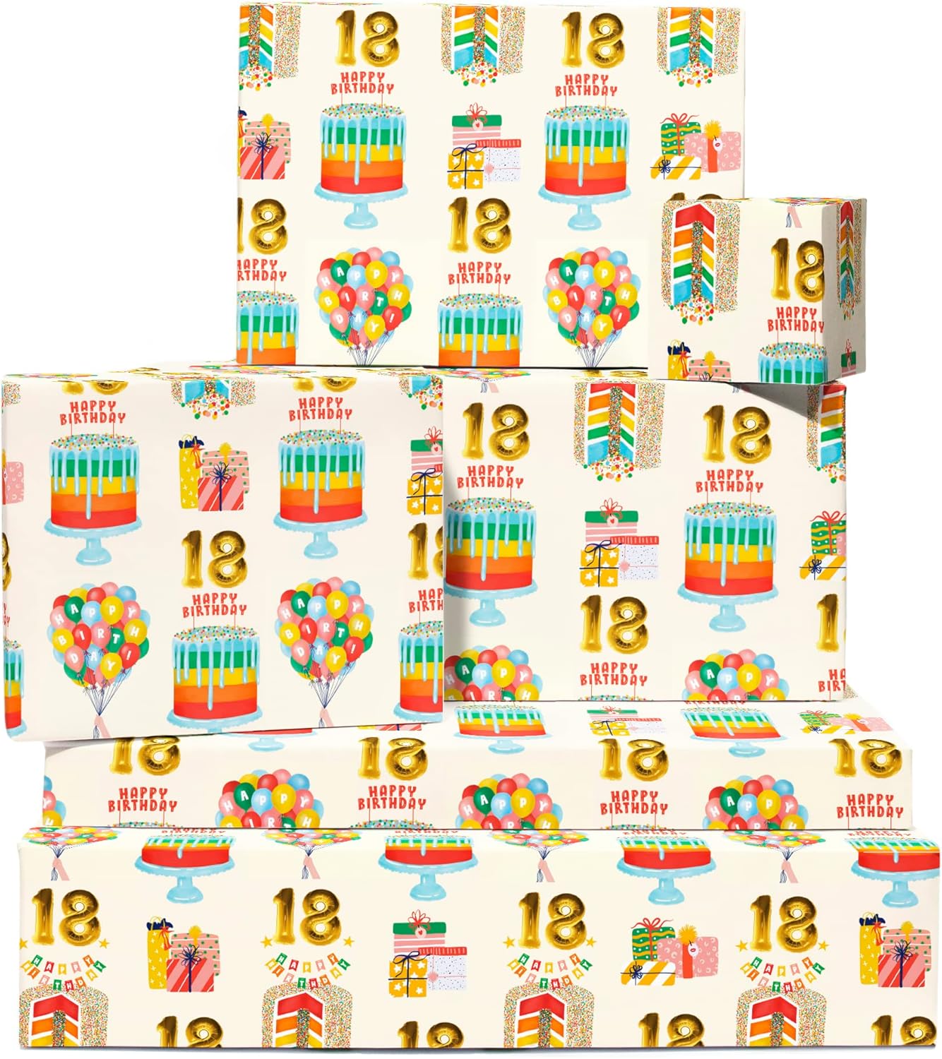 18th Birthday Wrapping Paper - 6 Sheets of Gift Wrap - Rainbow Cake ...