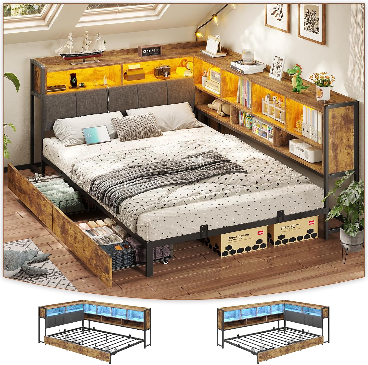 Amazon.com: busyaeh Corner Bed with Storage Bookcase and LED Light ...