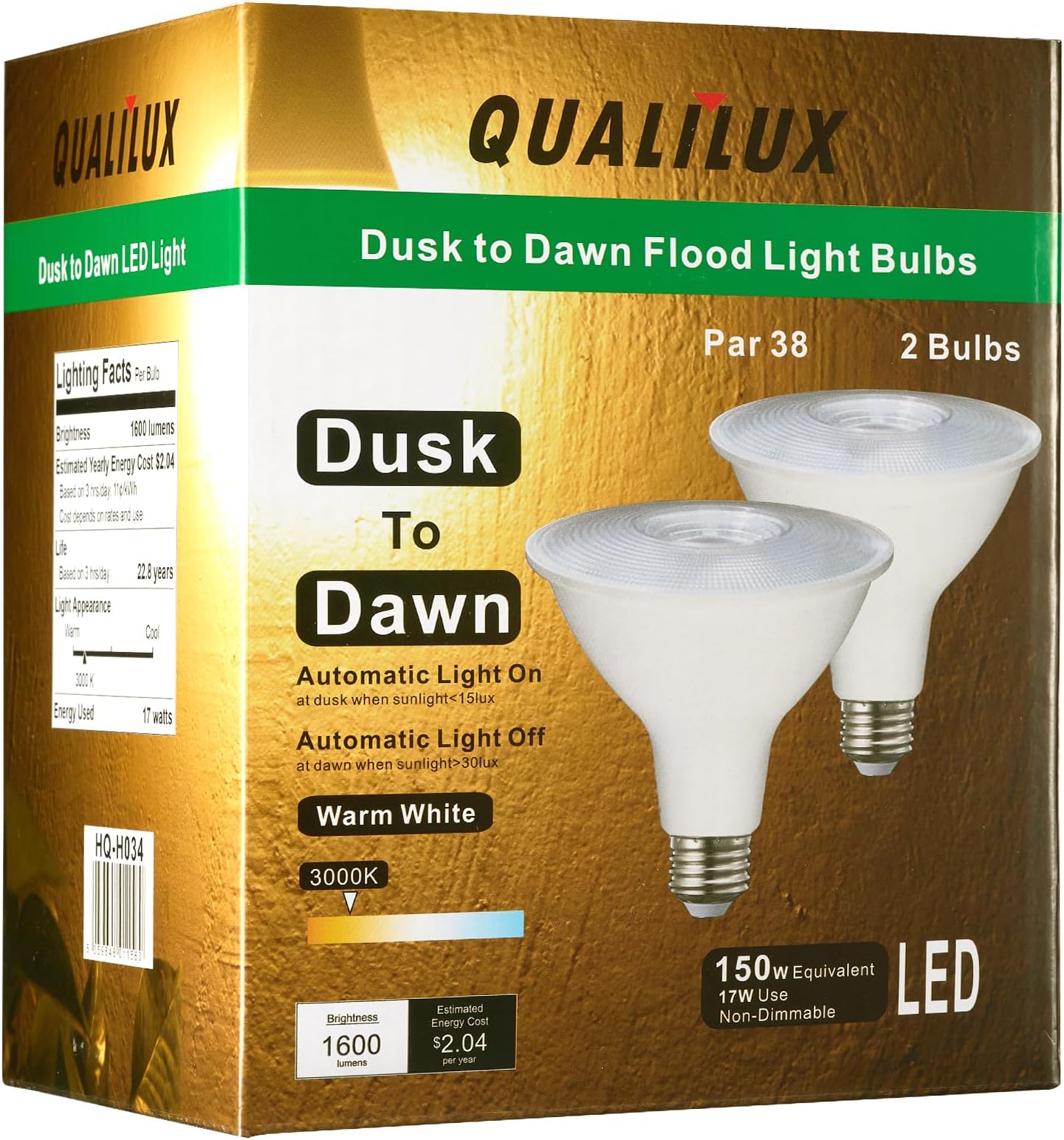 Qualilux Dusk to Dawn PAR38 LED Light Bulbs, Warm White 3000K, 150W ...