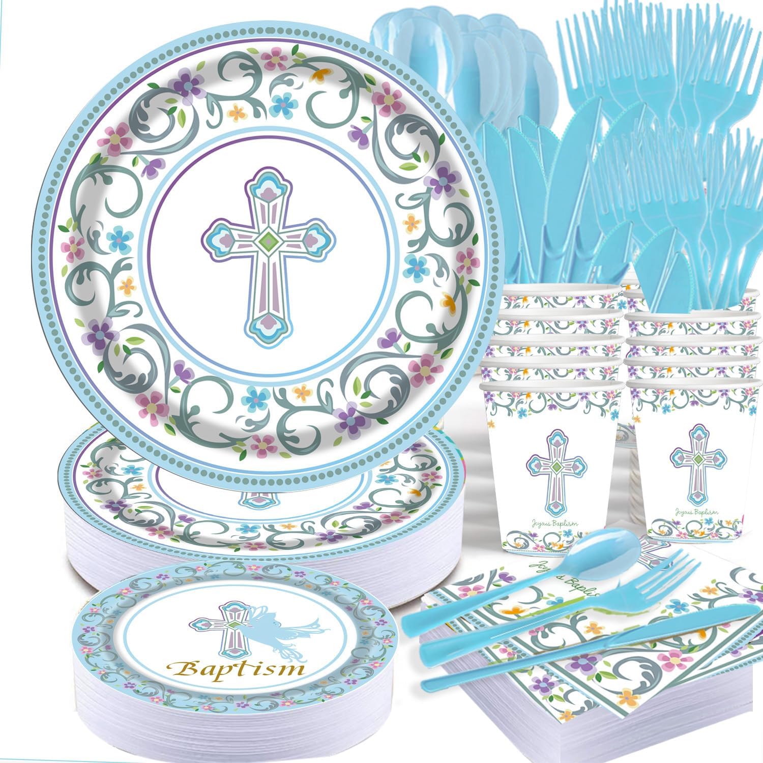 Amazon.com: Baptism Cross Plate - Communion Blue Dessert Paper Plates ...