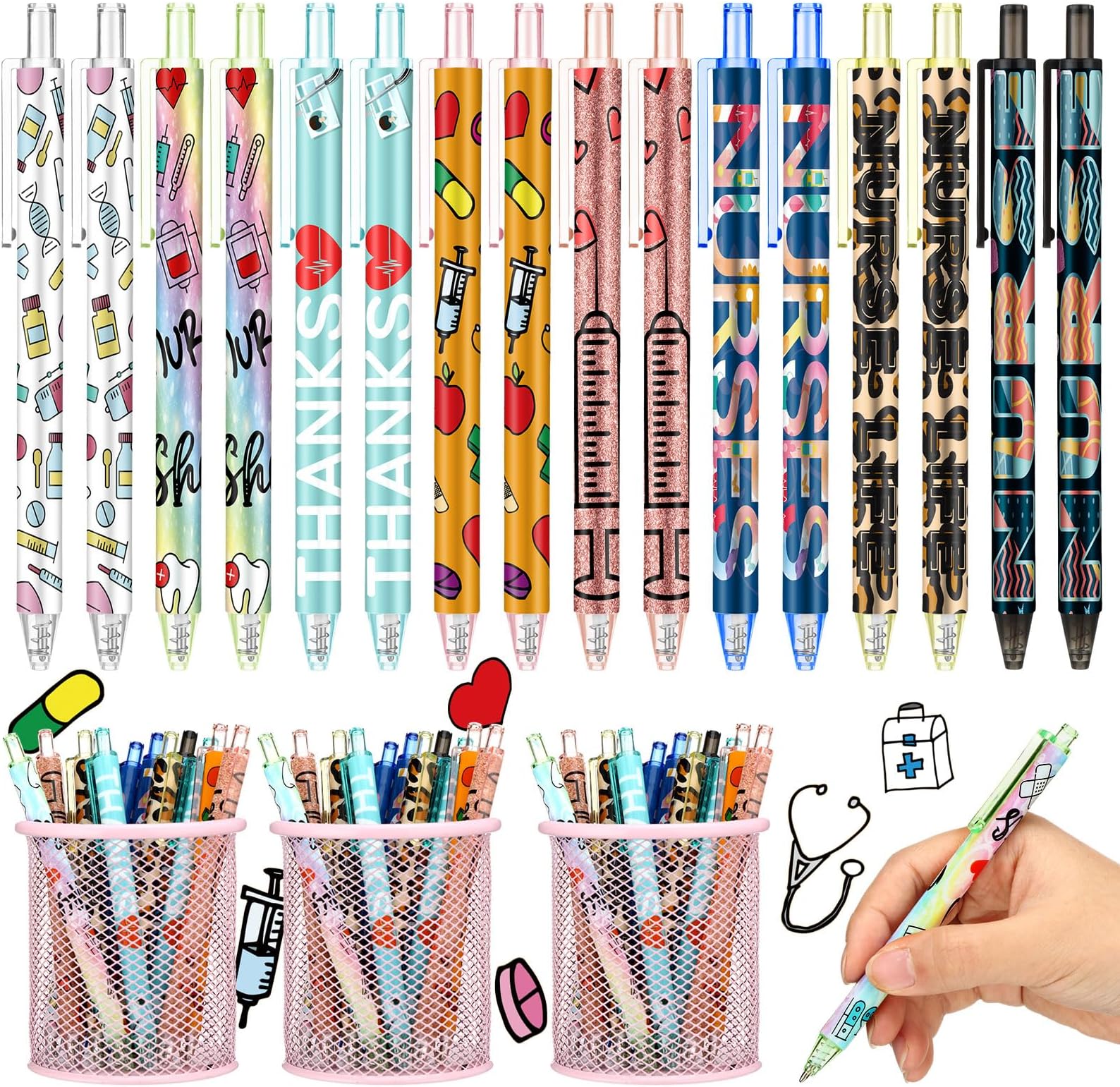 72 PCS Funny Nurse Pens Bulk Cute Cartoon Nursing Retractable Pens ...