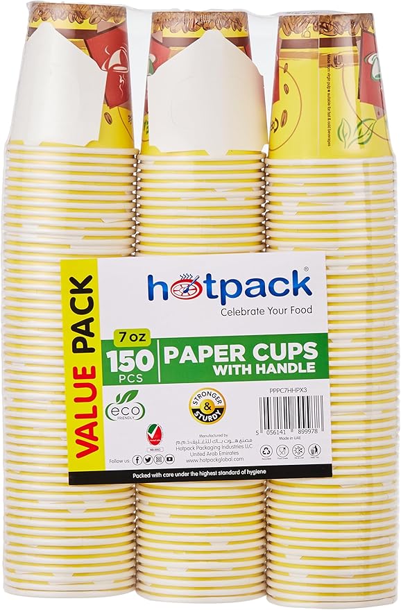 Hotpack Disposable Paper Cups with Handle 7oz, 50 Pieces Pack of 3, 150 Cups : Buy Online at ...
