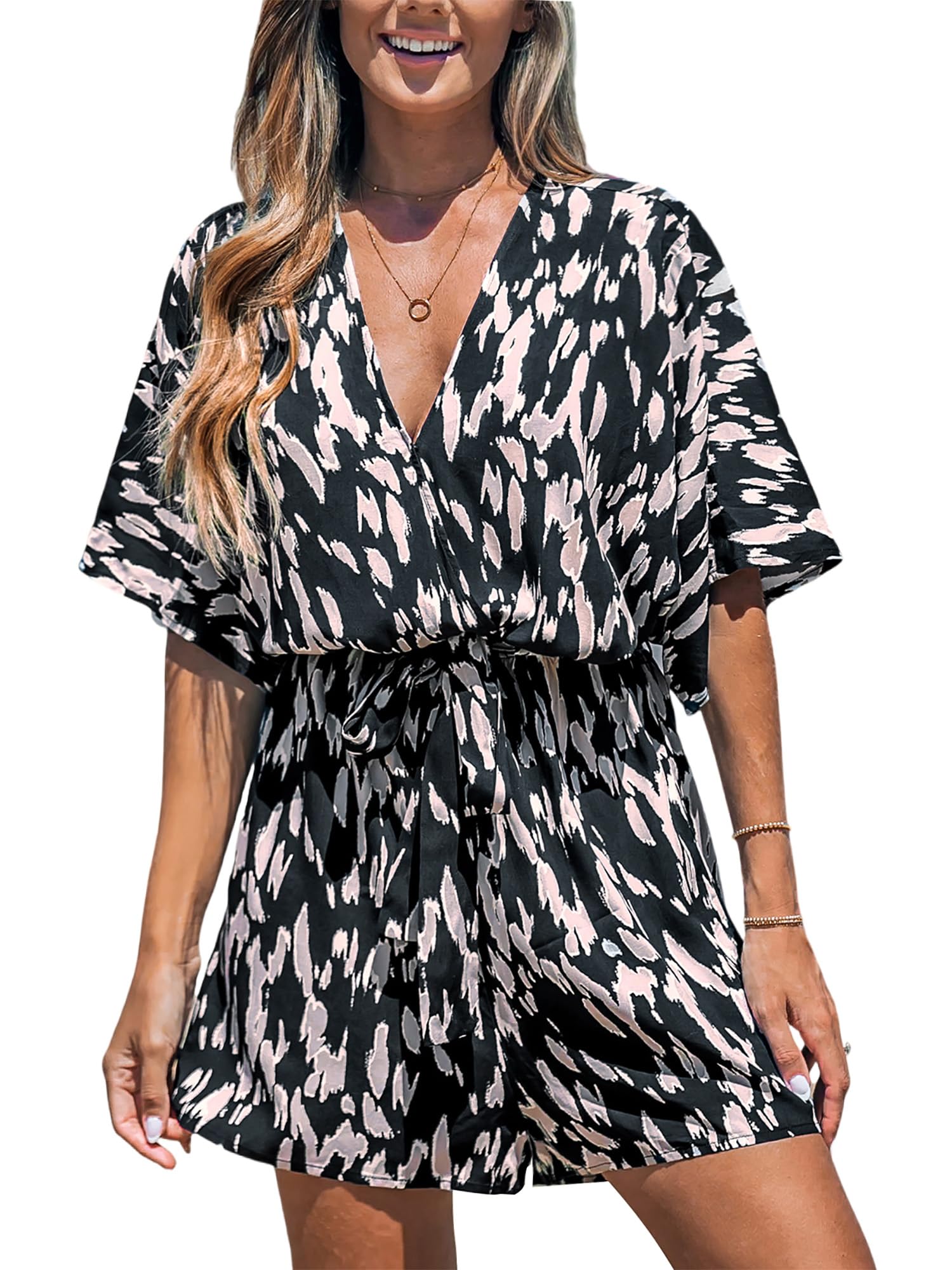 Amazon.com: CUPSHE Women's Lace Up Leopard Print Romper Short Sleeves ...